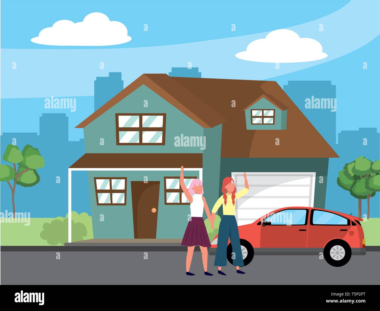 casual happy people women friends in front urban house home cartoon ...