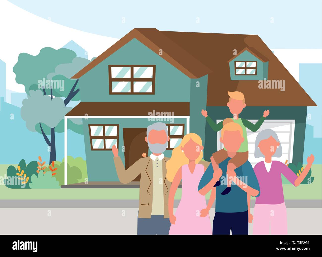 casual happy people family in front urban house home cartoon vector ...