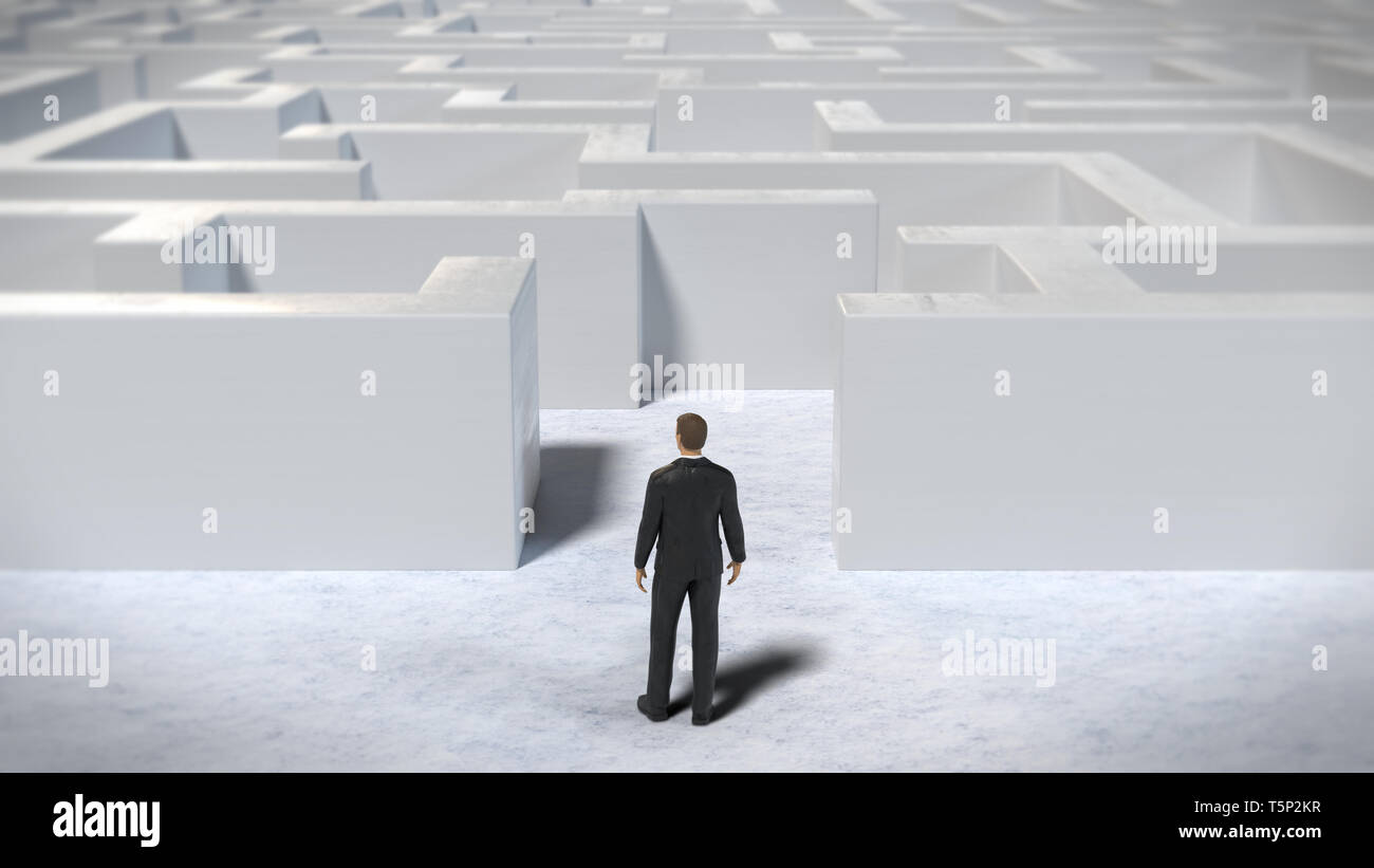 toy miniature businessman figurine entering a huge white maze structure ...