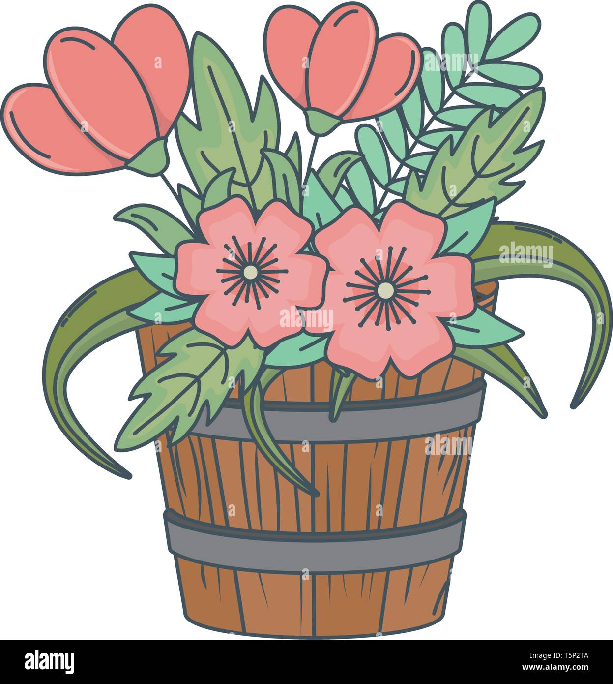 floral nature flowers inside wooden plant pot cartoon vector ...