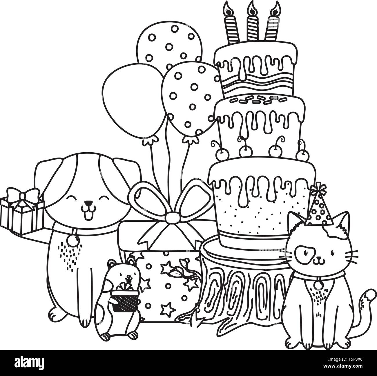cute pet little animals birthday party concept cartoon vector ...
