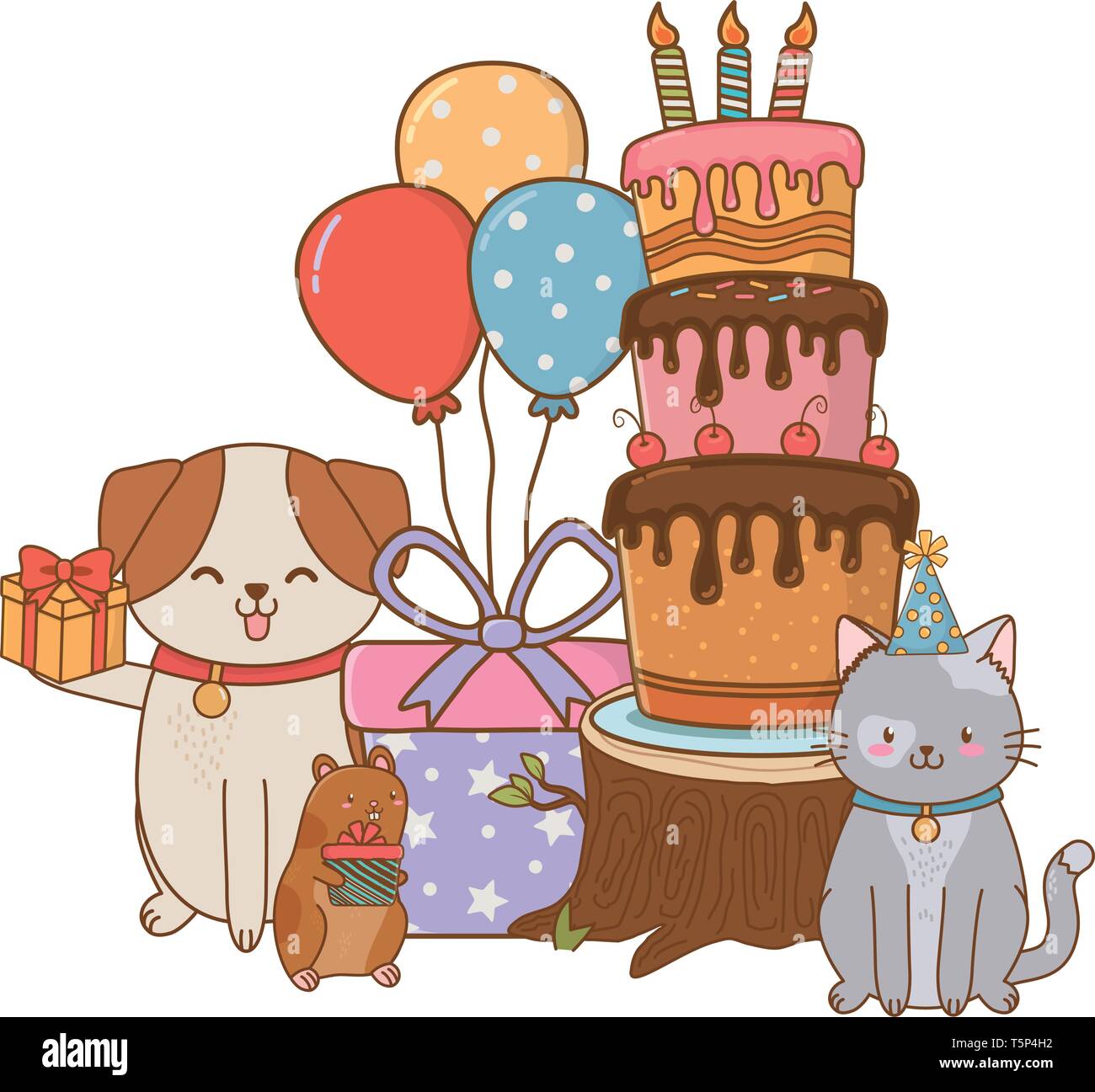 cute pet little animals birthday party concept cartoon vector ...