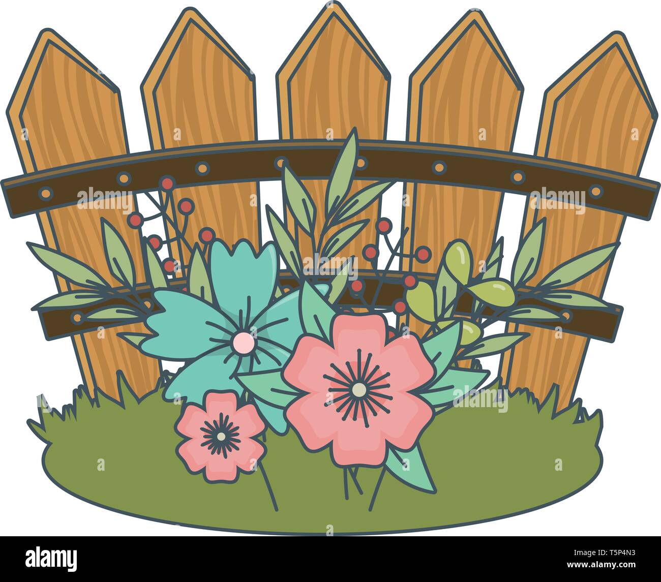 floral nature flowers garden in front wooden fence cartoon vector ...