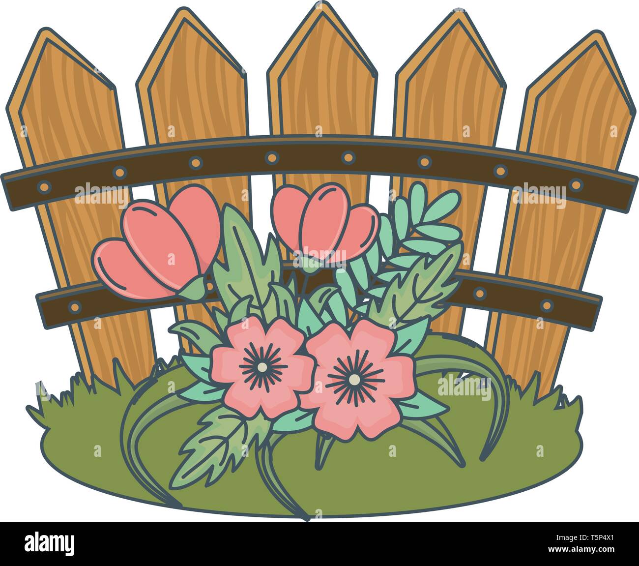 floral nature flowers garden in front wooden fence cartoon vector ...
