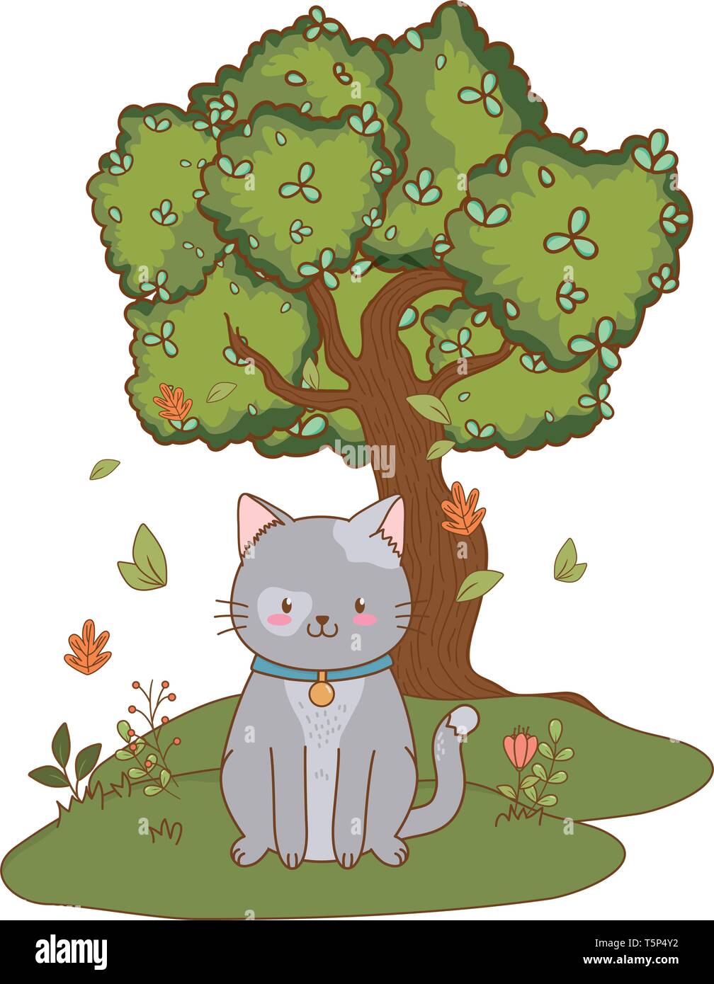 cute pet little animal cat outdoor scene cartoon vector illustration ...