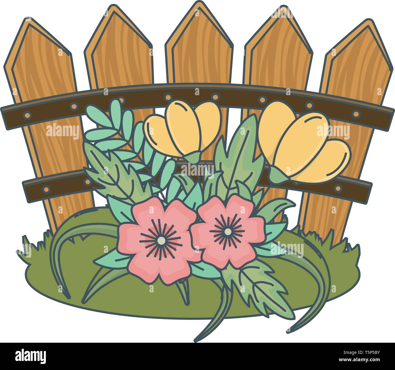 floral nature flowers garden in front wooden fence cartoon vector ...