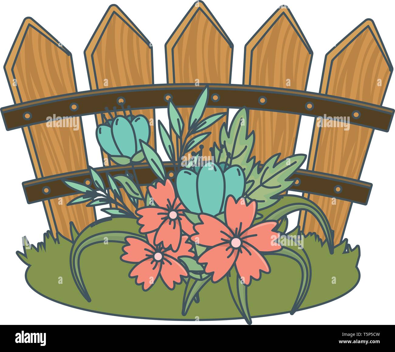 floral nature flowers garden in front wooden fence cartoon vector ...