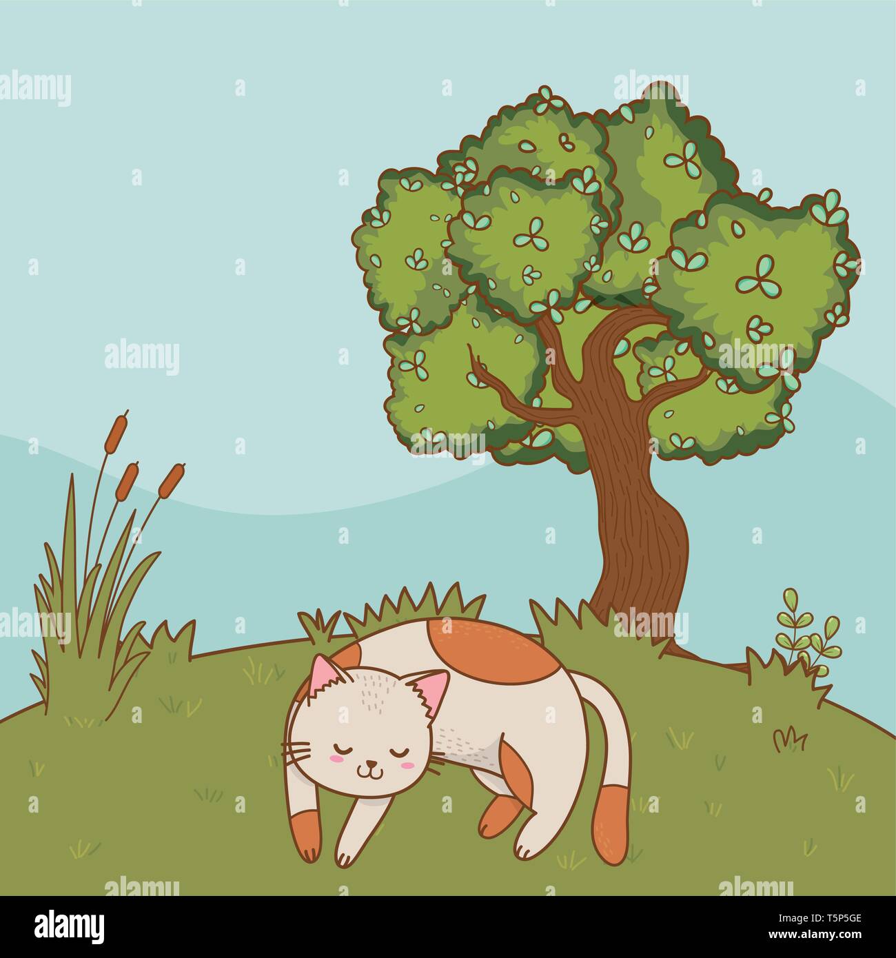 cute pet little animal cat outdoor scene cartoon vector illustration ...