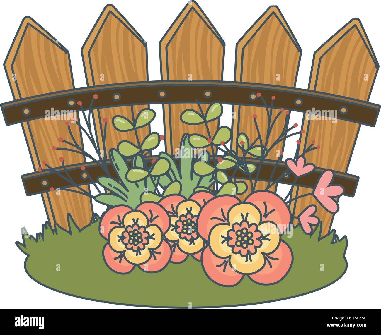 floral nature flowers garden in front wooden fence cartoon vector ...