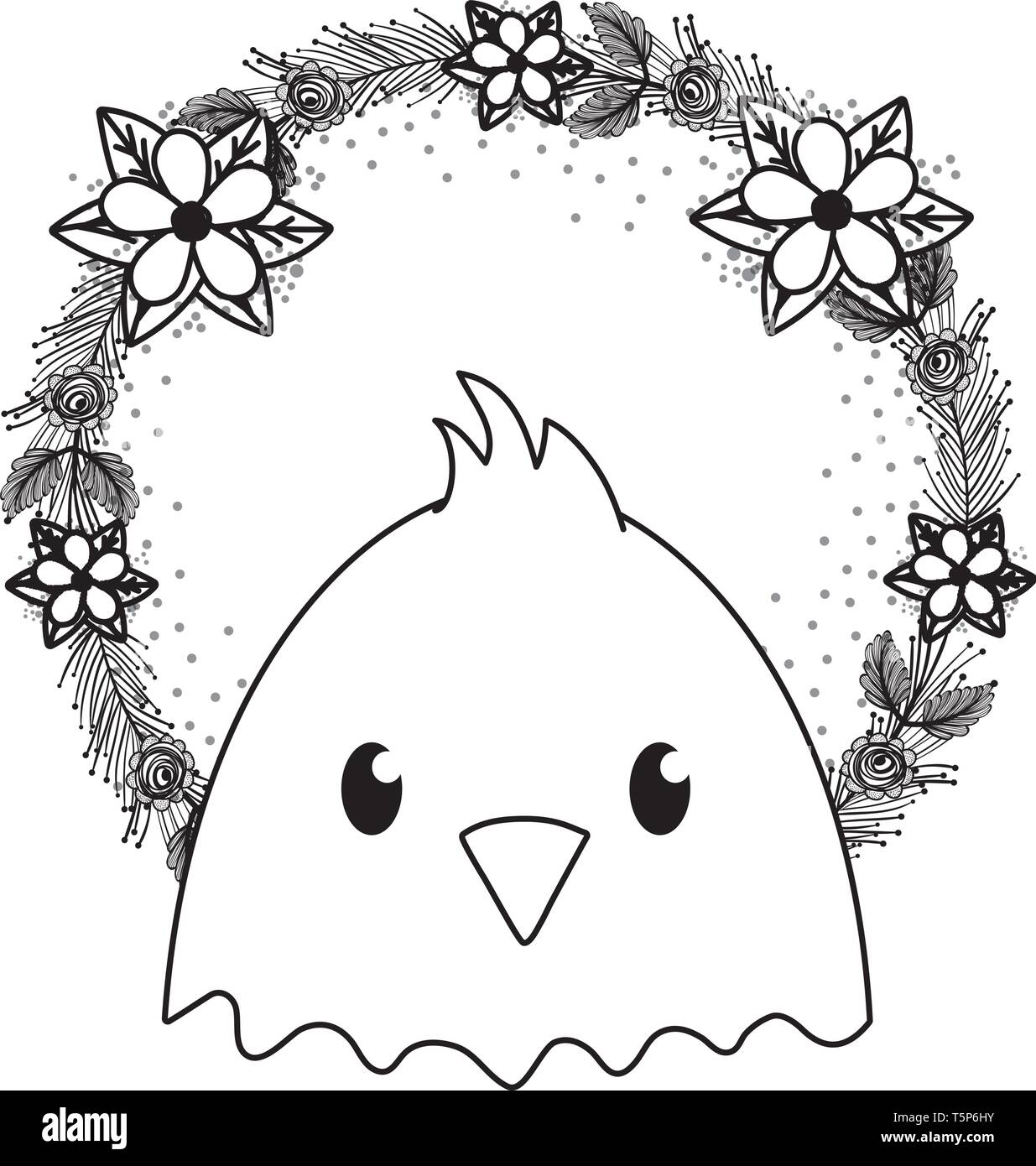cute pet little animal bird face flowers frame cartoon vector ...