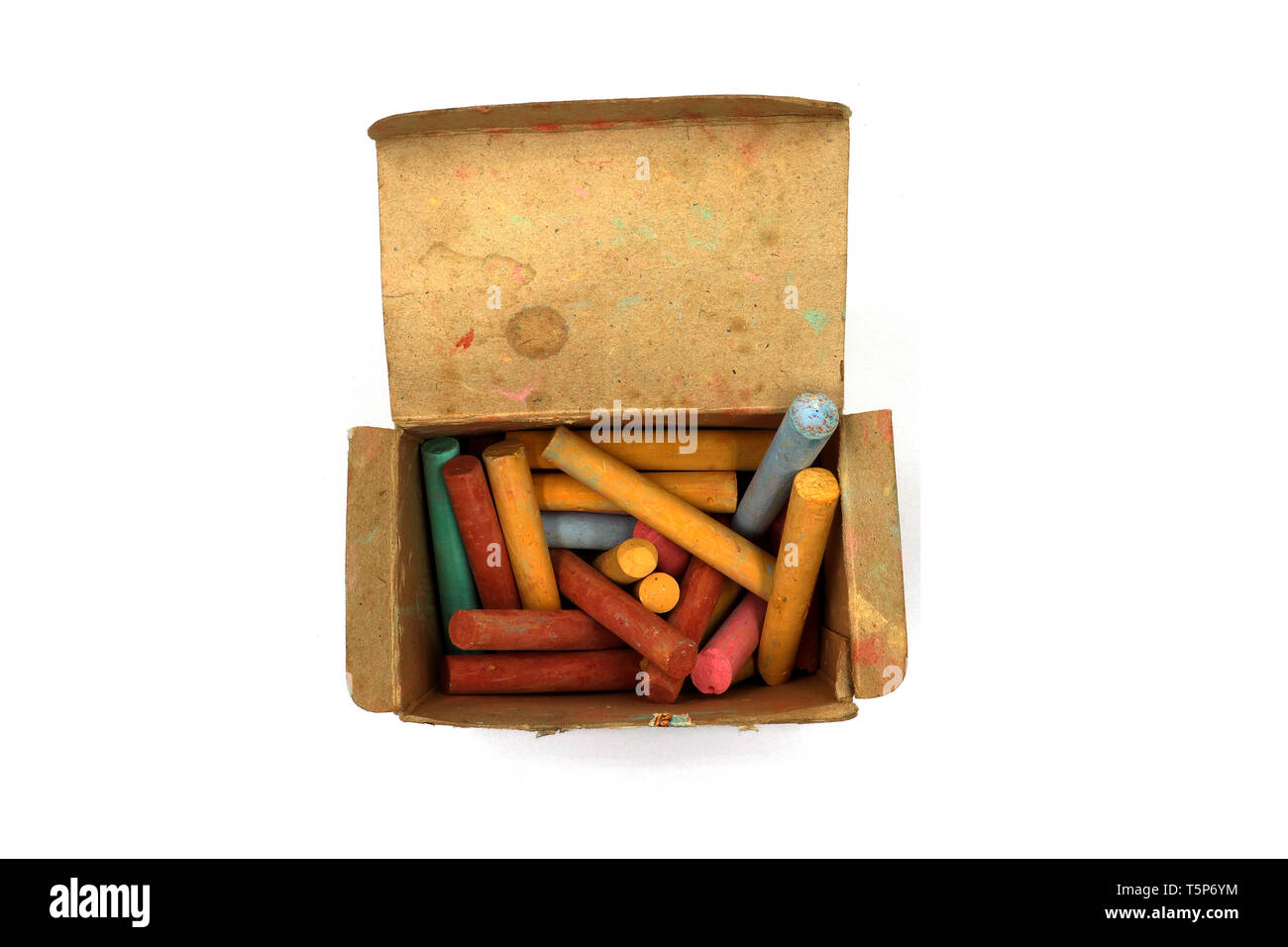color chalks stick in old paper box isolated on white background High ...