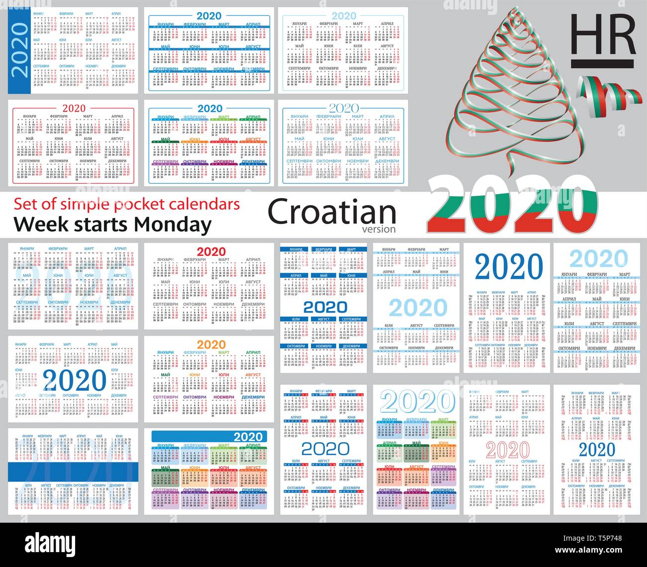 Croatian set of pocket calendars for 2020 (Two thousand nineteen). Week ...