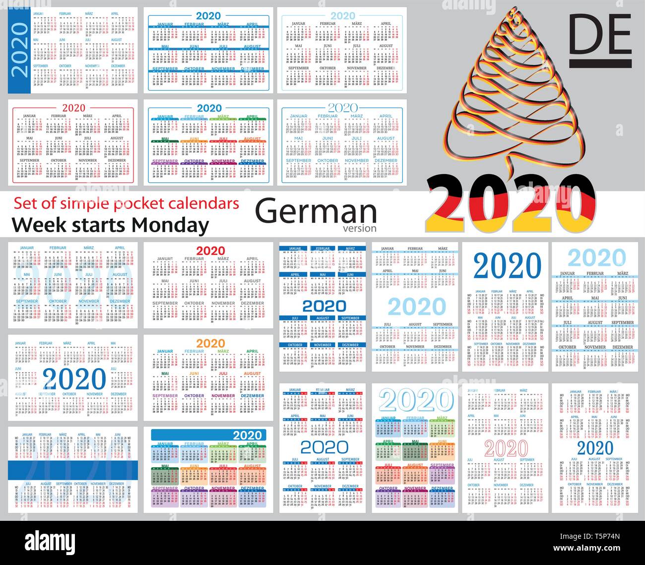 Deutsch set of pocket calendars for 2020 (Two thousand nineteen). Week ...