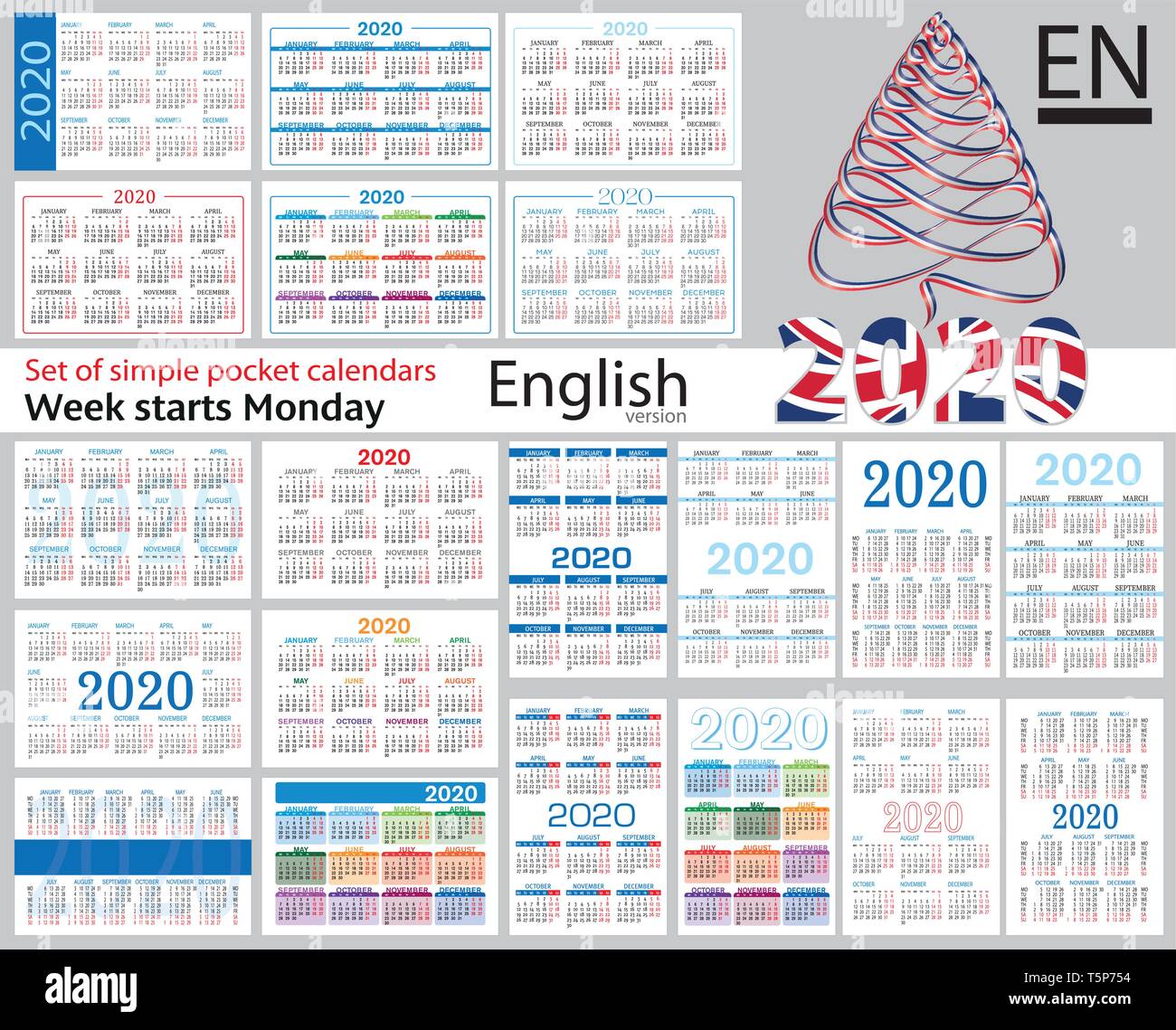 English set of pocket calendars for 2020 (Two thousand nineteen). Week ...