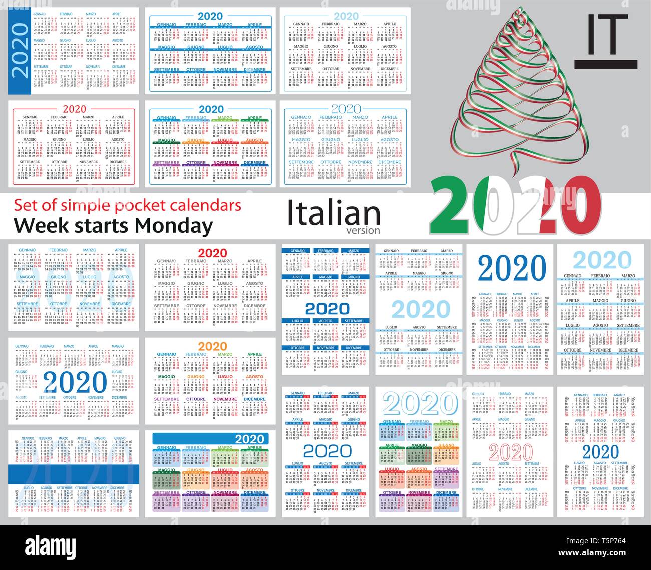 Italian set of pocket calendars for 2020 (Two thousand nineteen). Week ...