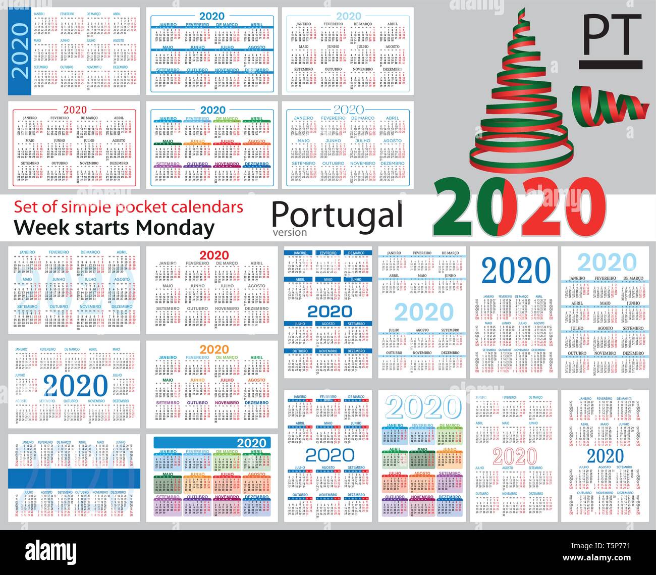 Portugal set of pocket calendars for 2020 (Two thousand nineteen). Week ...