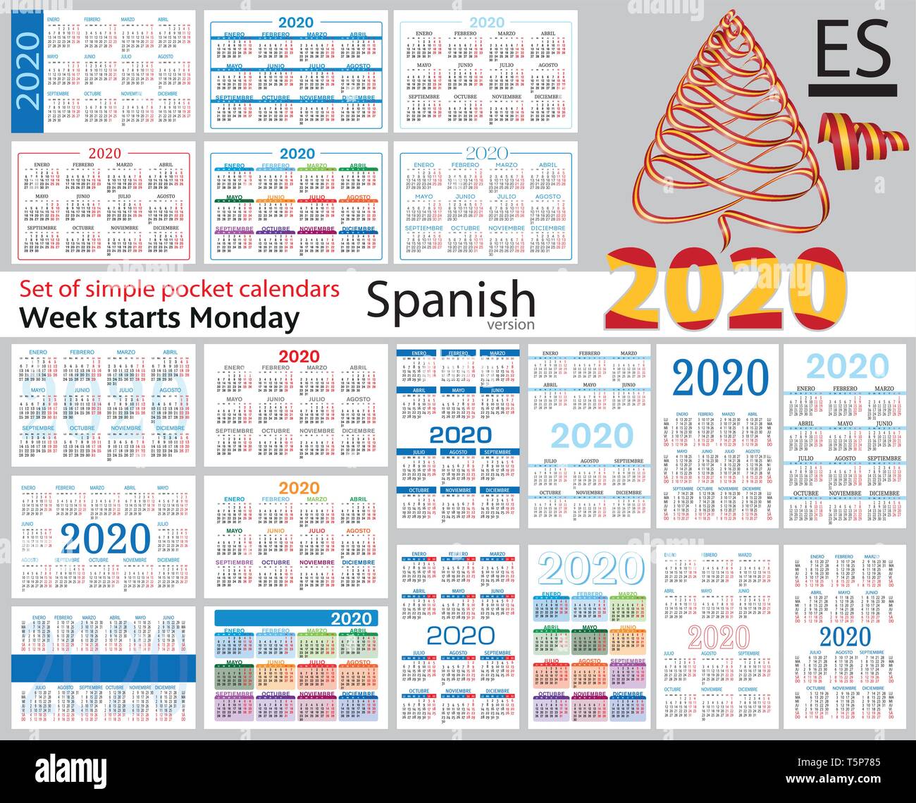Spanish set of pocket calendars for 2020 (Two thousand nineteen). Week ...