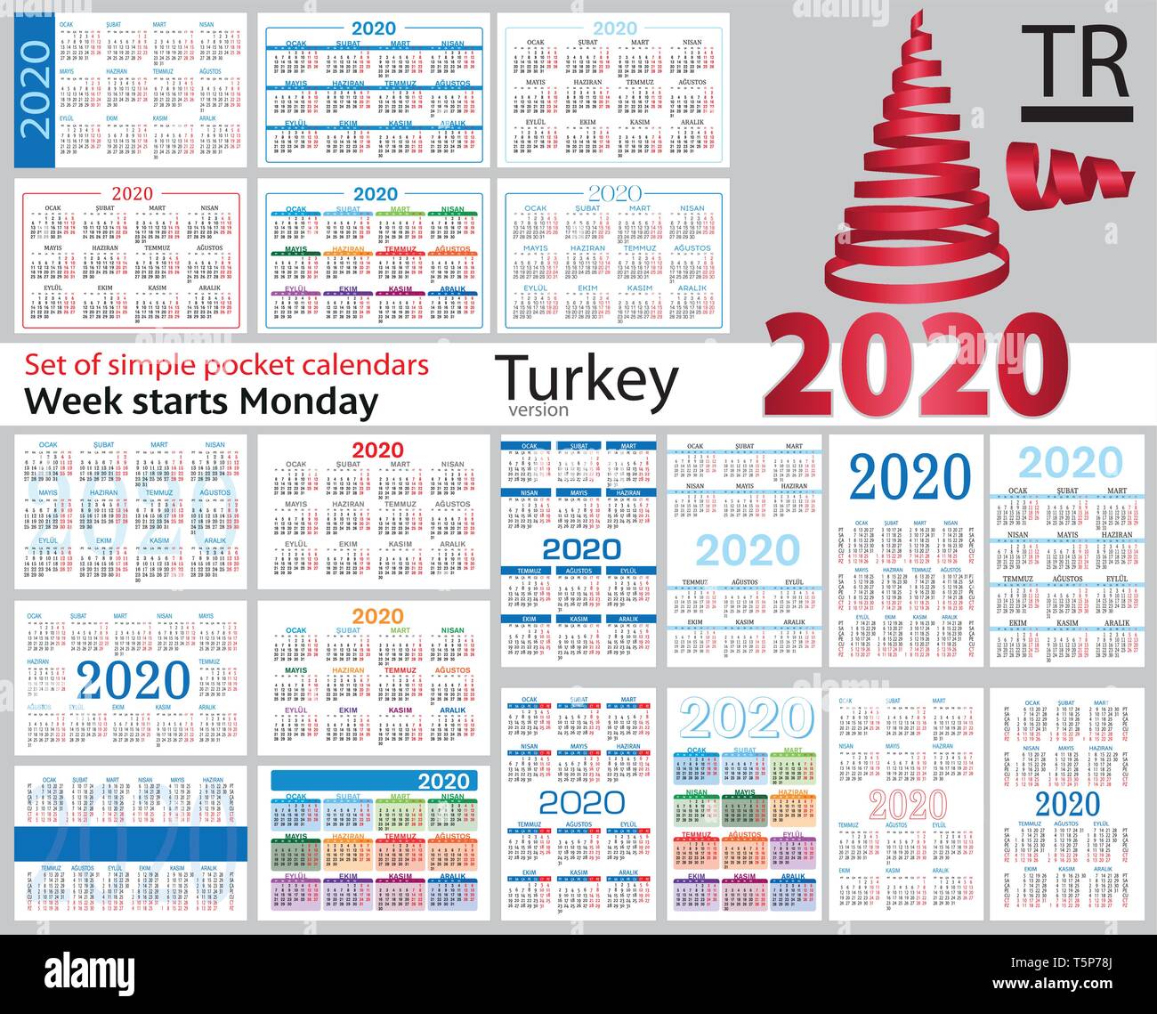 Turkey set of pocket calendars for 2020 (Two thousand nineteen). Week ...