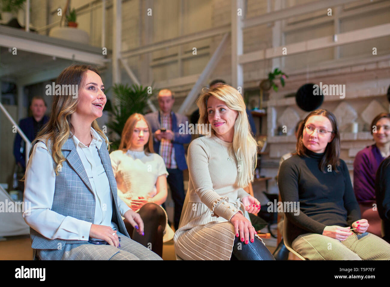 Abstract people lecture in seminar room, education or training concept ...