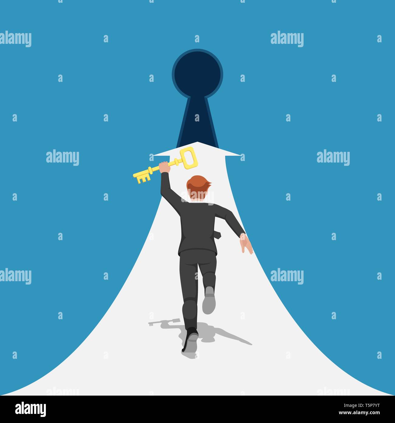 Businessman holding golden key and running to the keyhole. Key to ...