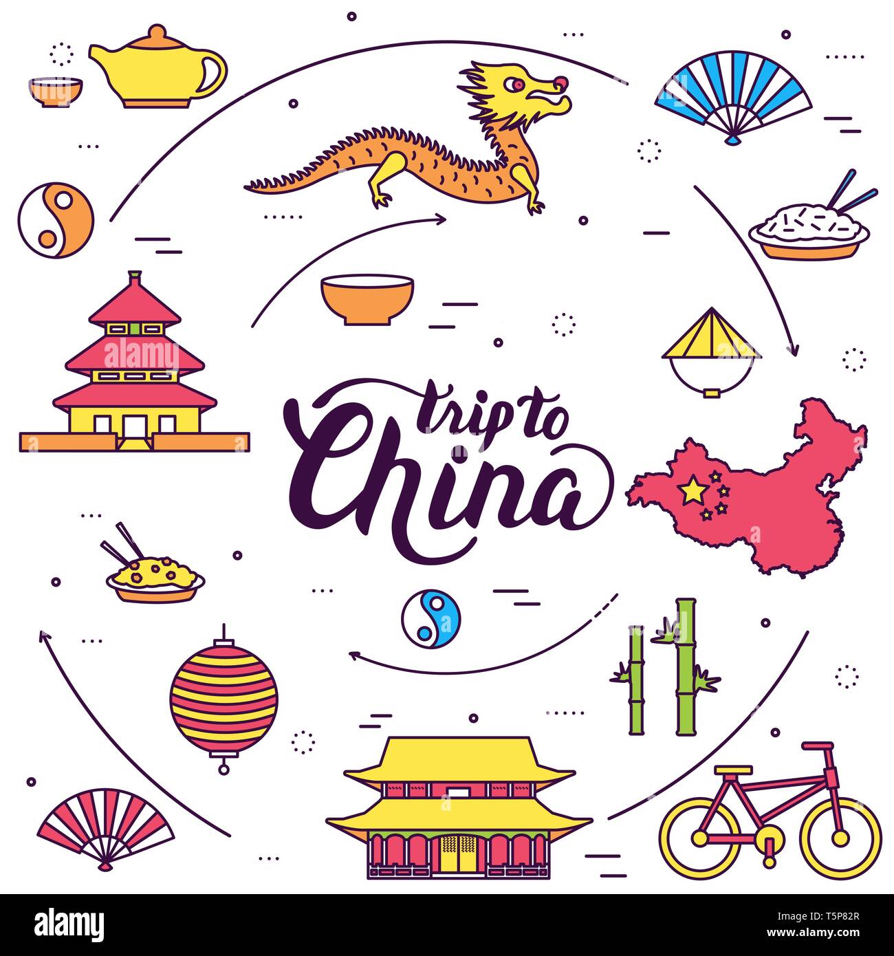 Country China travel vacation guide of goods, places and features. Set ...