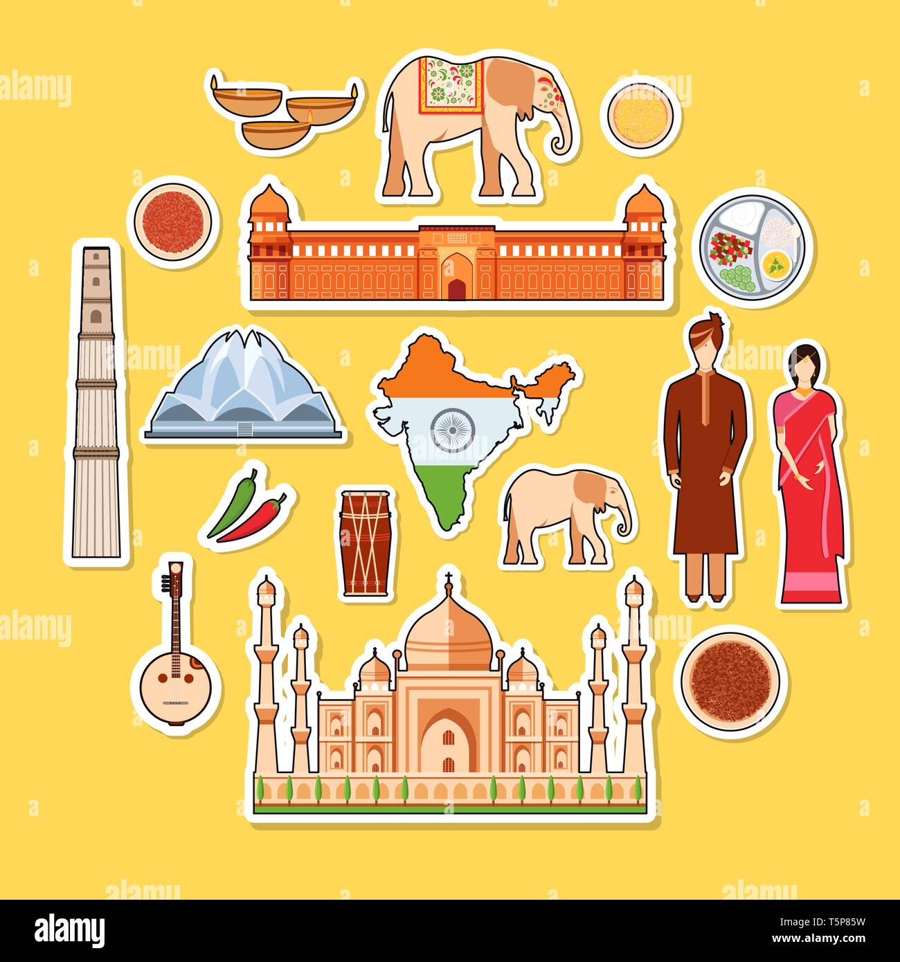 Country India travel vacation guide of goods, place and feature. Set of ...