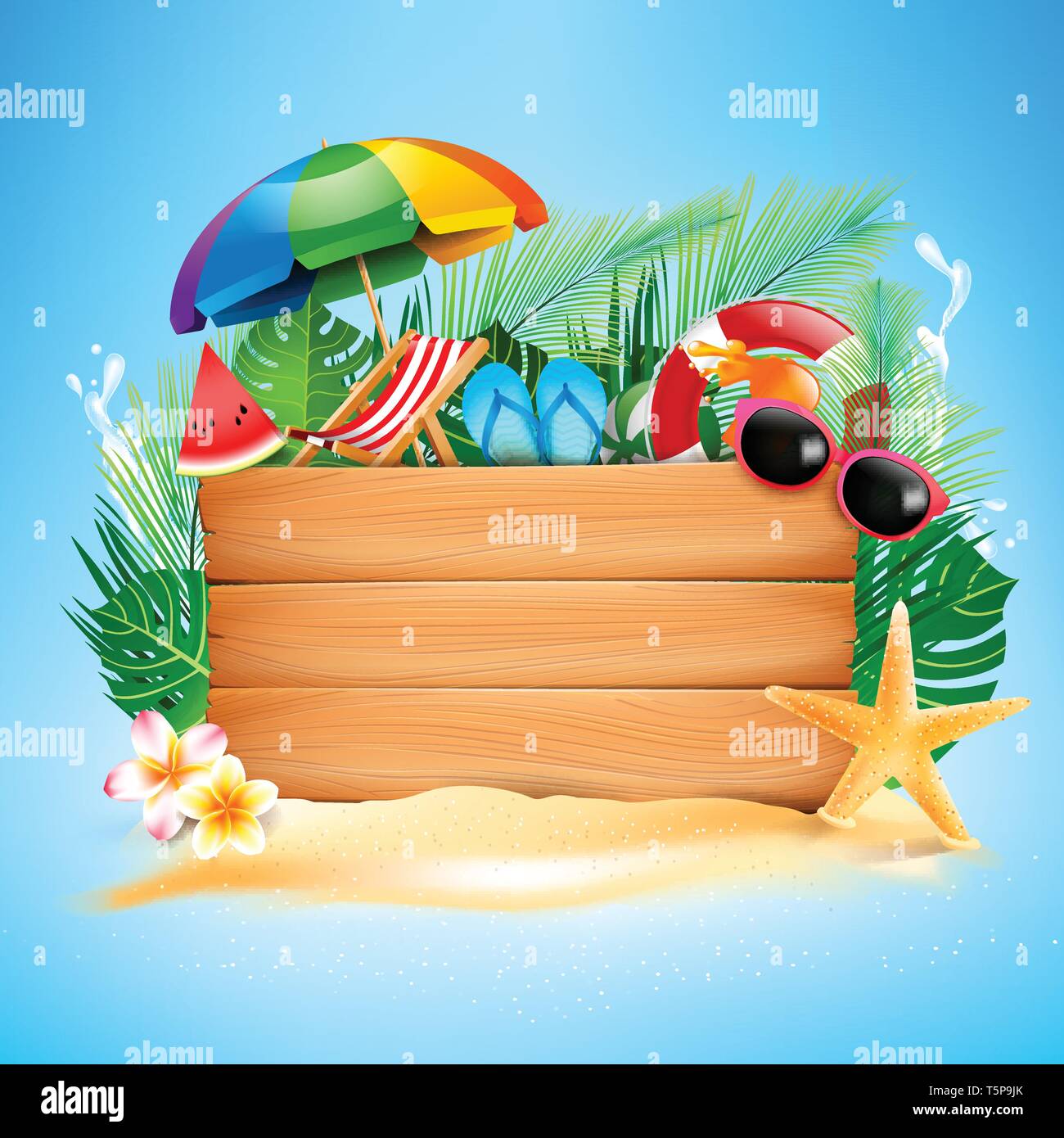 Blank wood board with copyspace and summer beach element vector ...