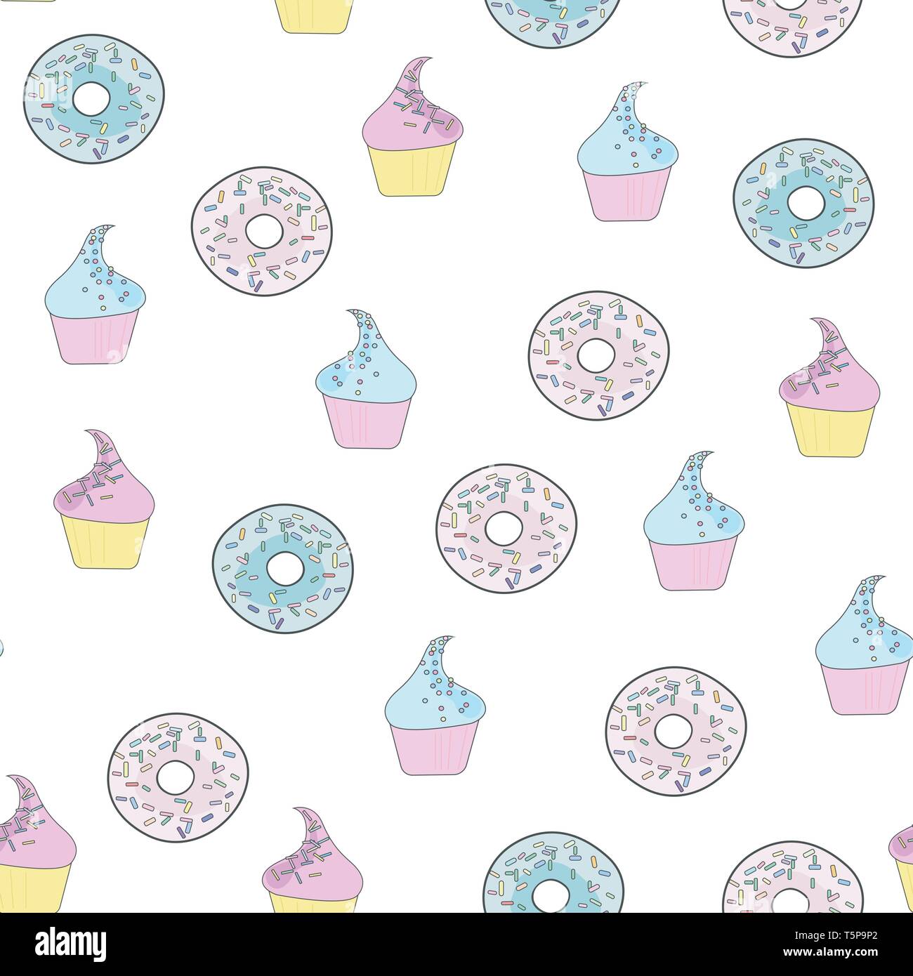 Illustration with donuts and cakes. Sweet dessert. Seamless pattern in ...