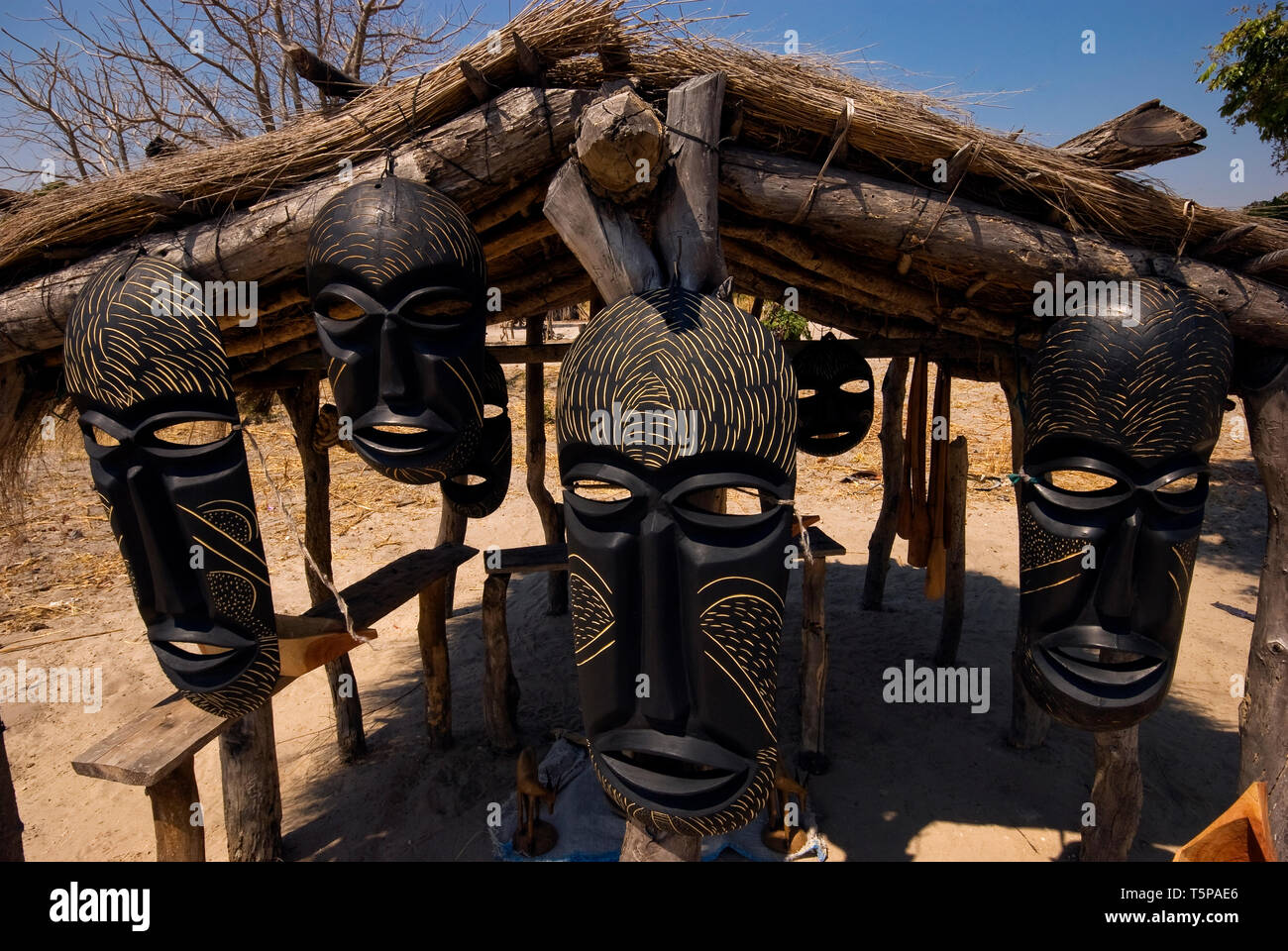 African masks on sale at an small handicraft stall at Caprivi Strip ...