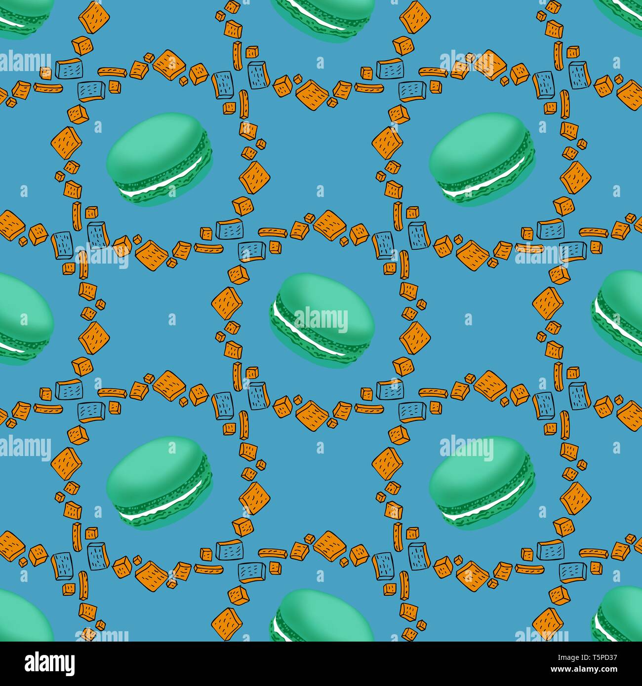 Hand drawn seamless pattern of cookies products and macaroons. Baked ...