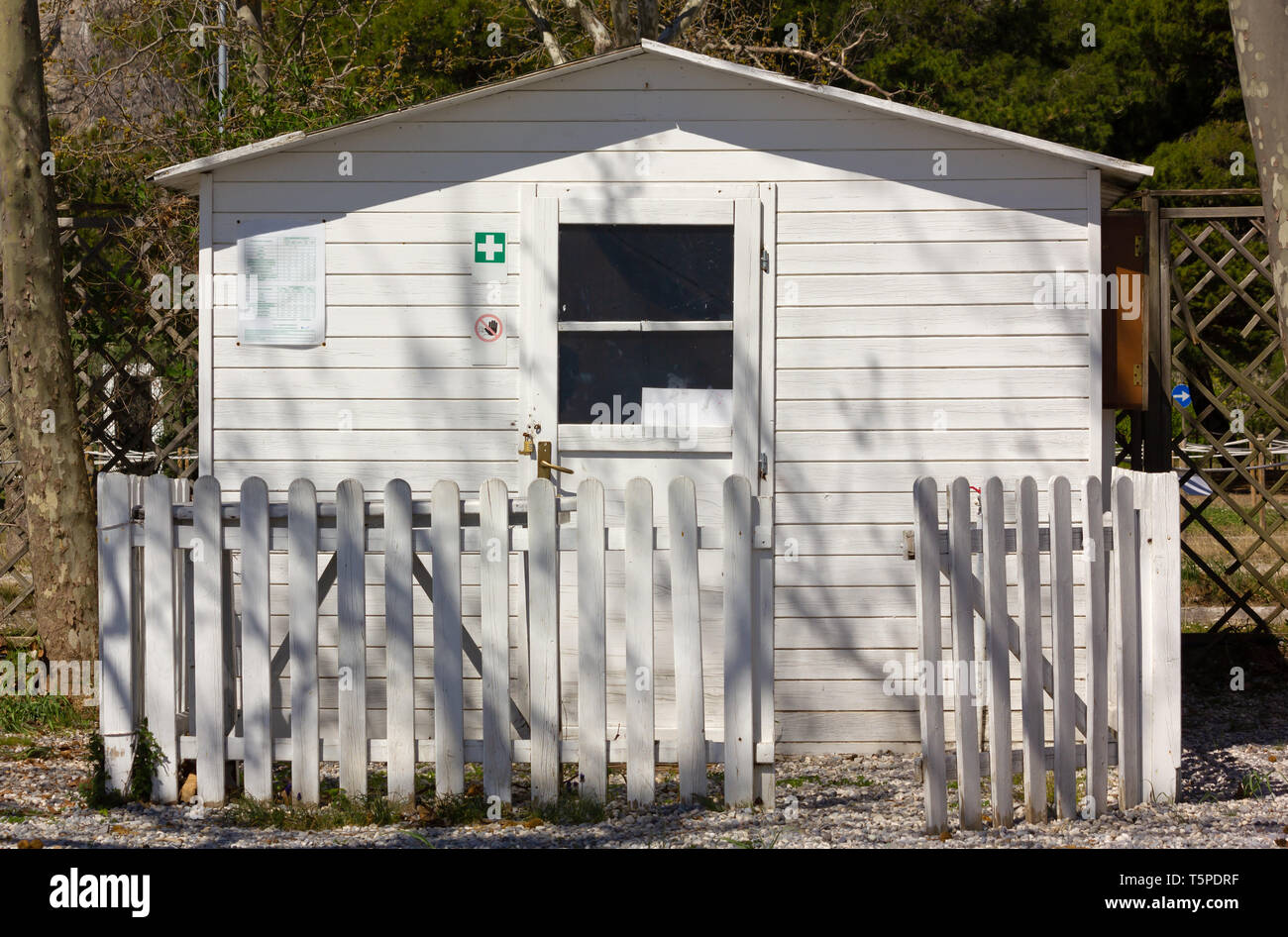 Cabin used for infirmary in a camping site Stock Photo - Alamy