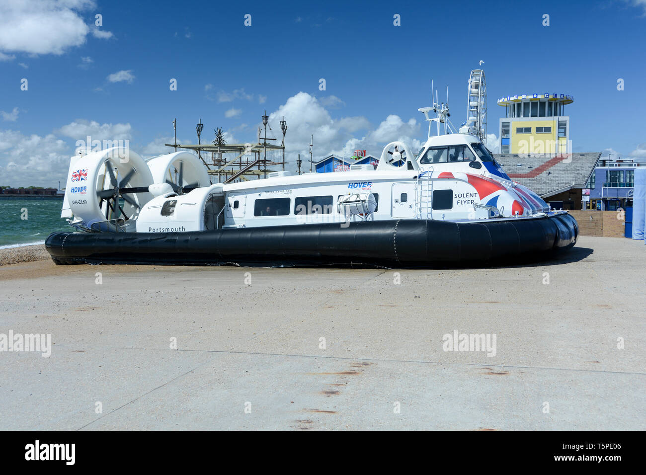 A Hovercraft arrives at Southsea Hoverport, Southsea, Hampshire, UK ...