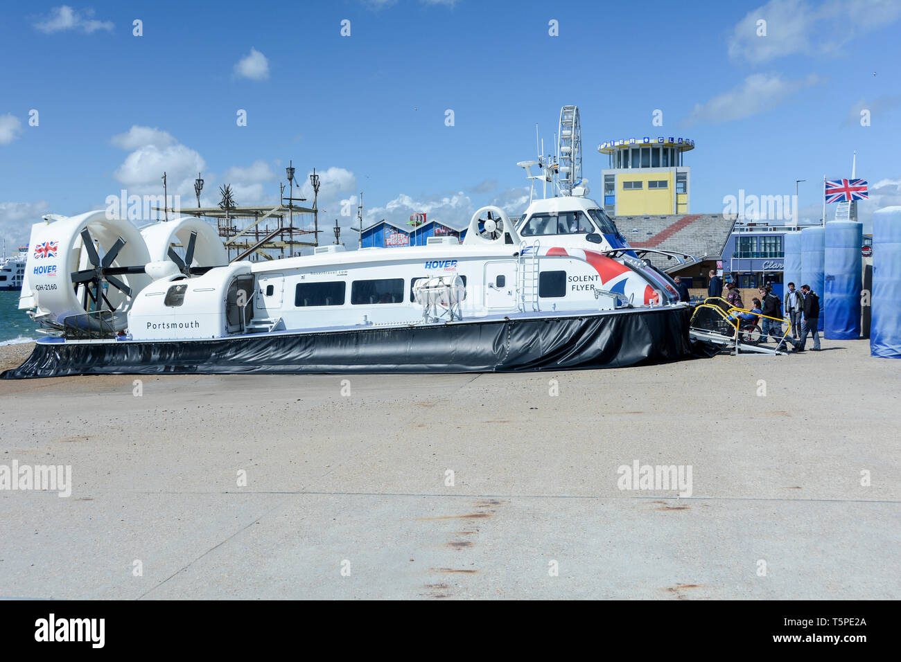 A Hovercraft arrives at Southsea Hoverport, Southsea, Hampshire, UK ...