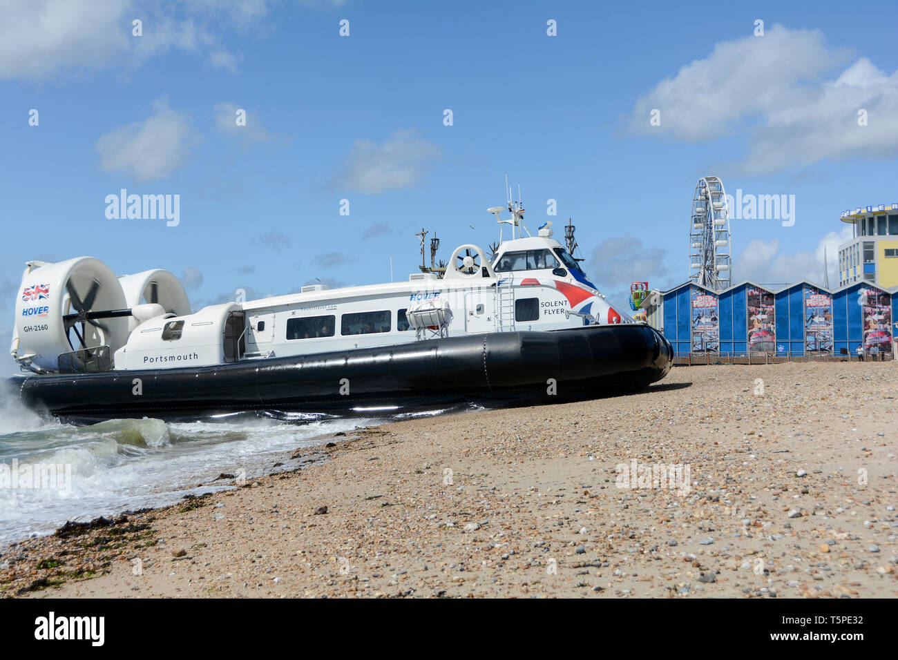 A Hovercraft arrives at Southsea Hoverport, Southsea, Hampshire, UK ...
