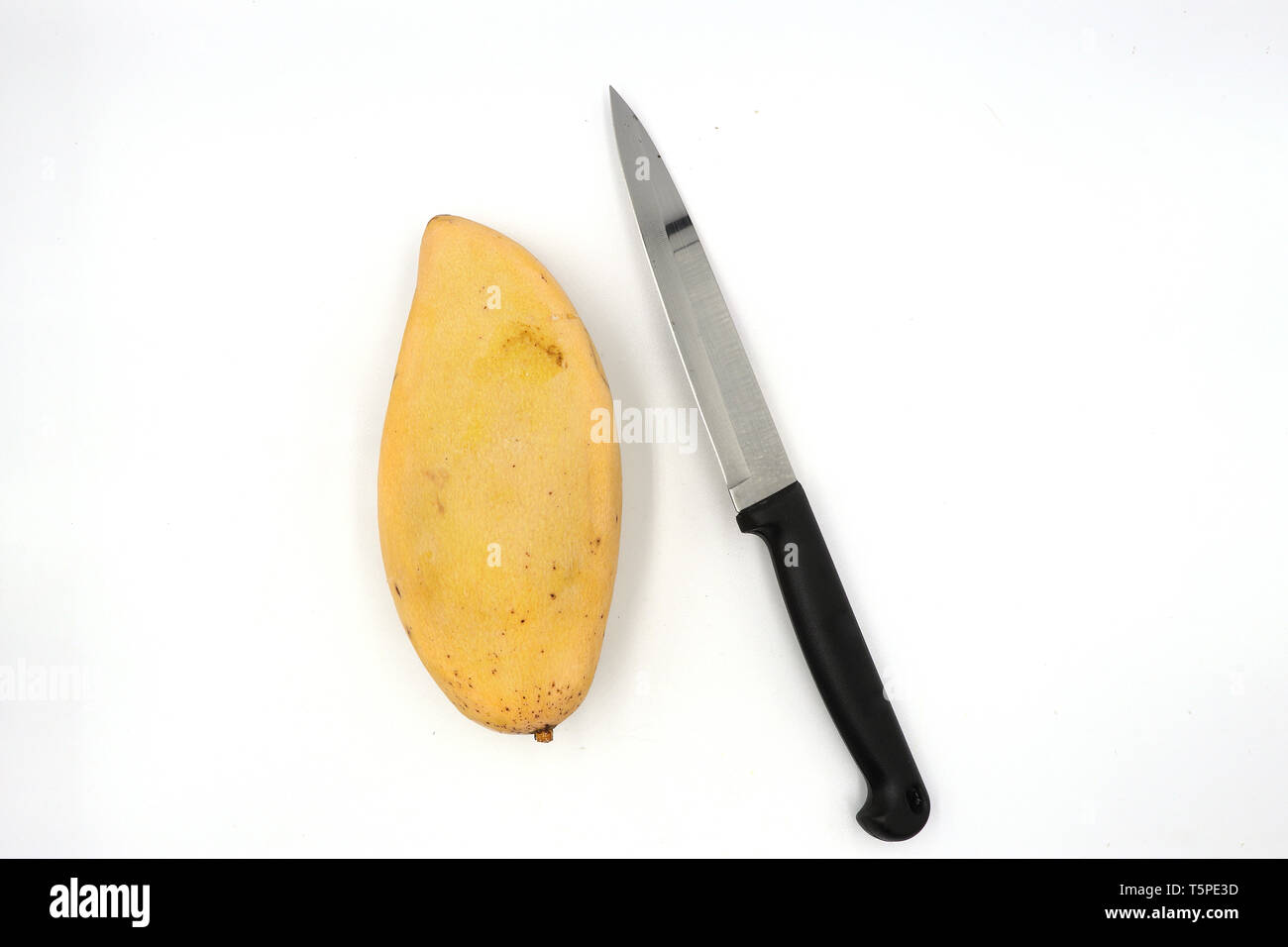 ripe mangoes, yellow mango with knife prepare peel isolated on black ...