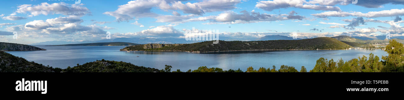 Landscape with small greek islands bays and villages on Peloponnese ...