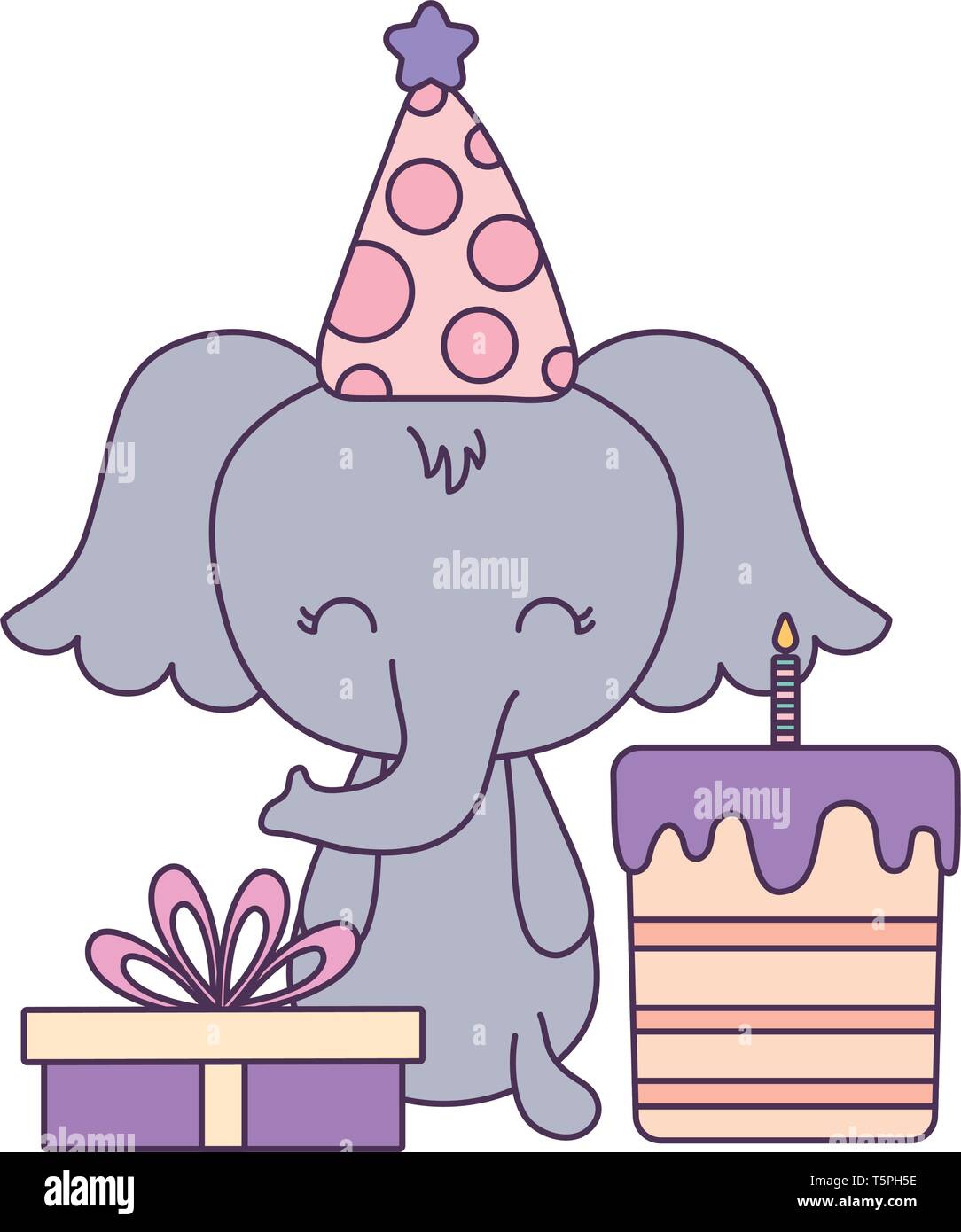 cute elephant with cake of birthday and gift box vector illustration ...