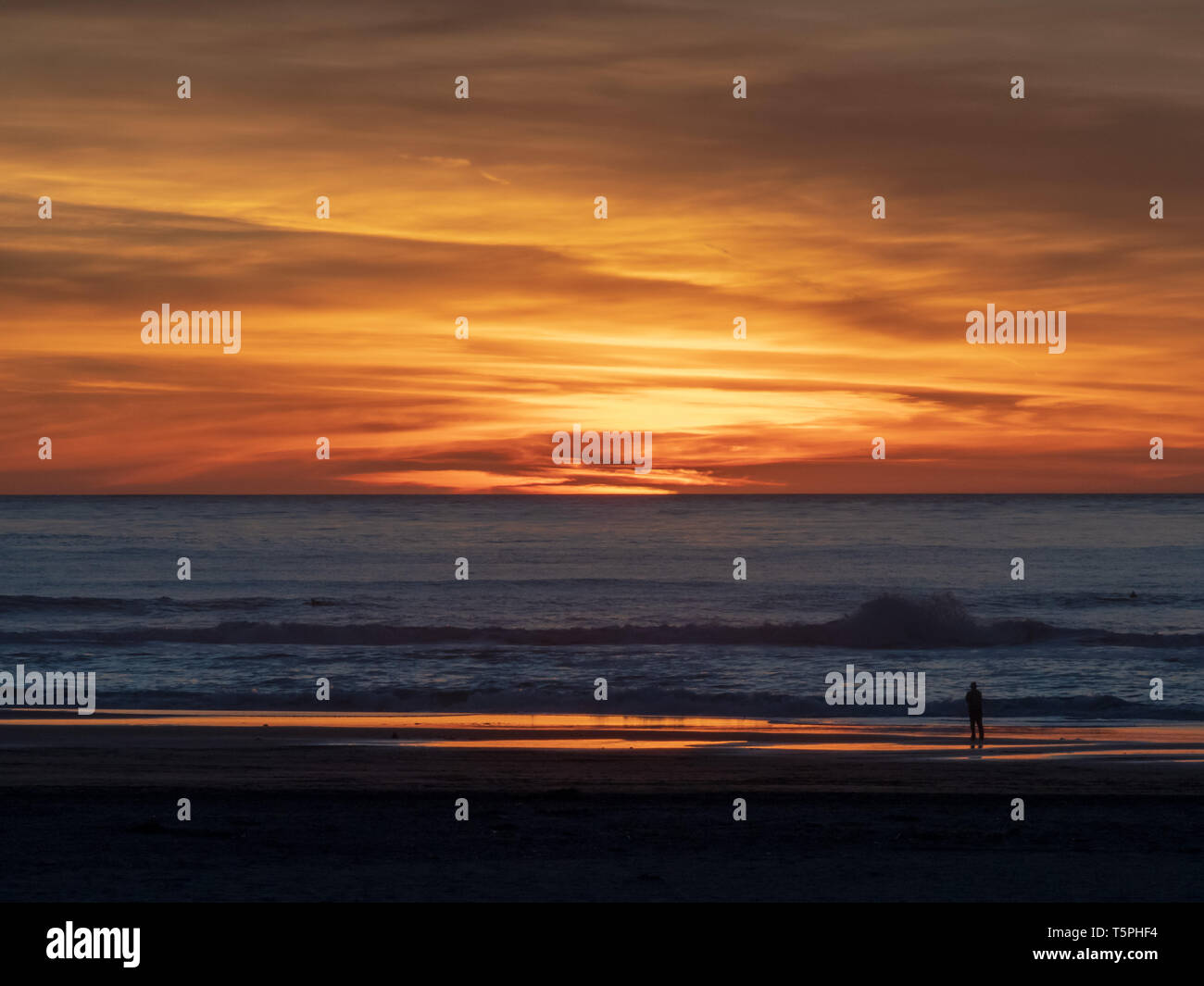 Man watches waves over ocean with sun setting during dusk hours Stock ...