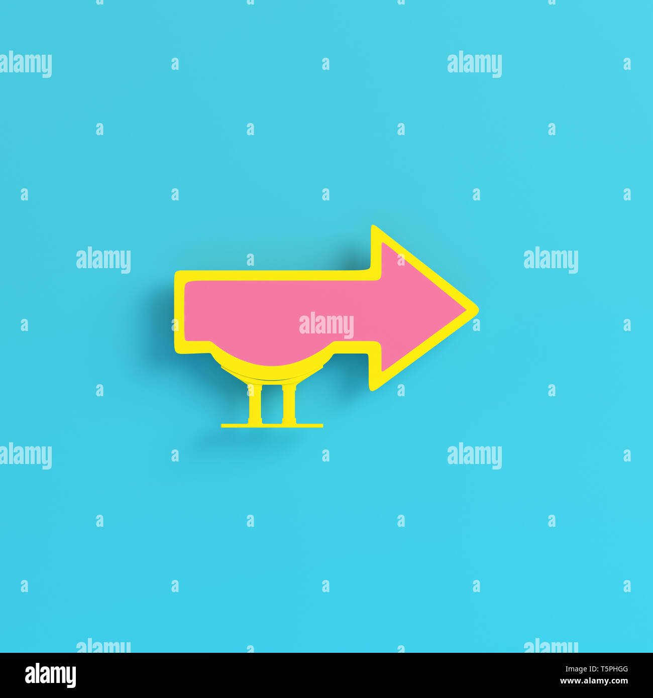 Yellow billboard in arrow shape on bright blue background in pastel ...