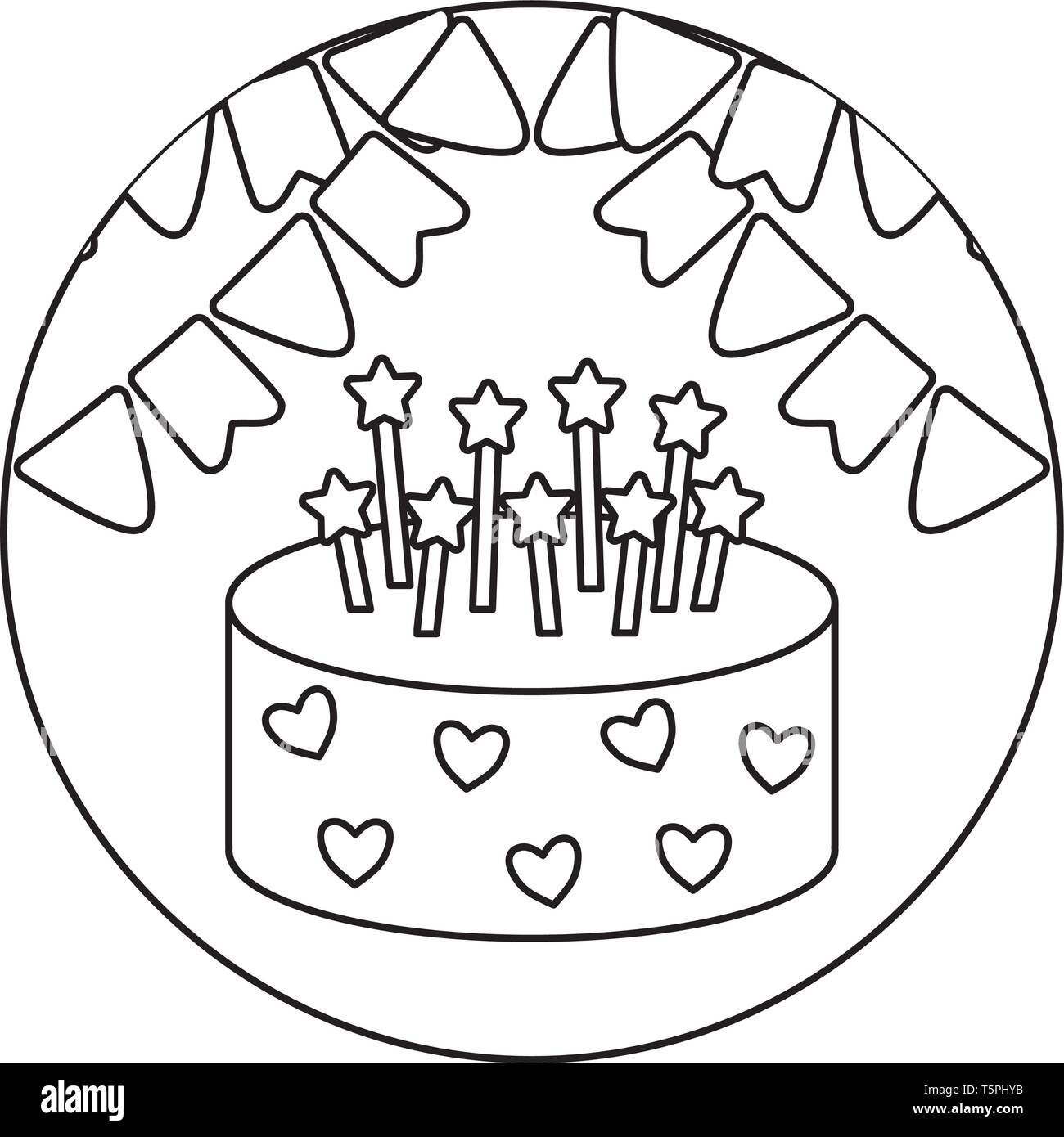 cake of birthday in frame circular with garlands vector illustration ...