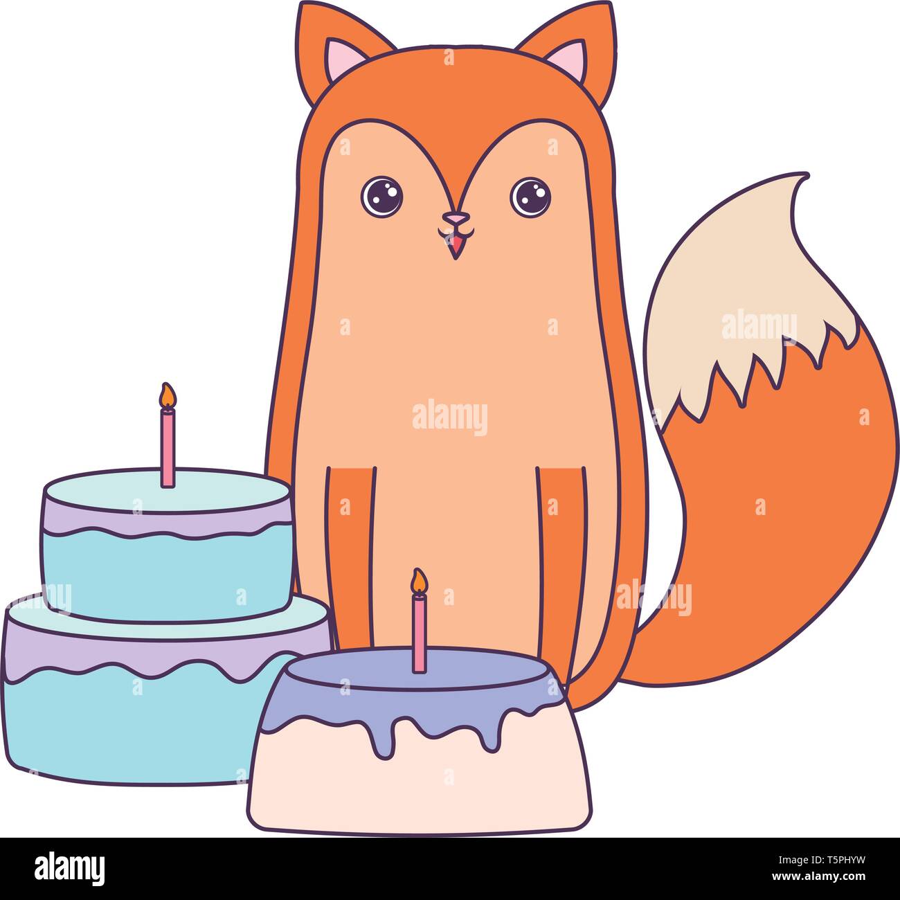cute fox with cakes of birthday vector illustration design Stock Vector ...
