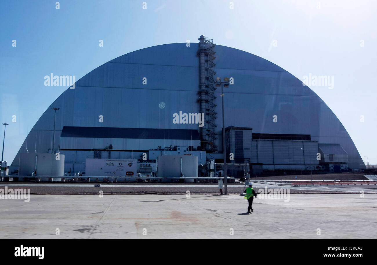 The general view of the New Safe Confinement covering the 4th block of ...