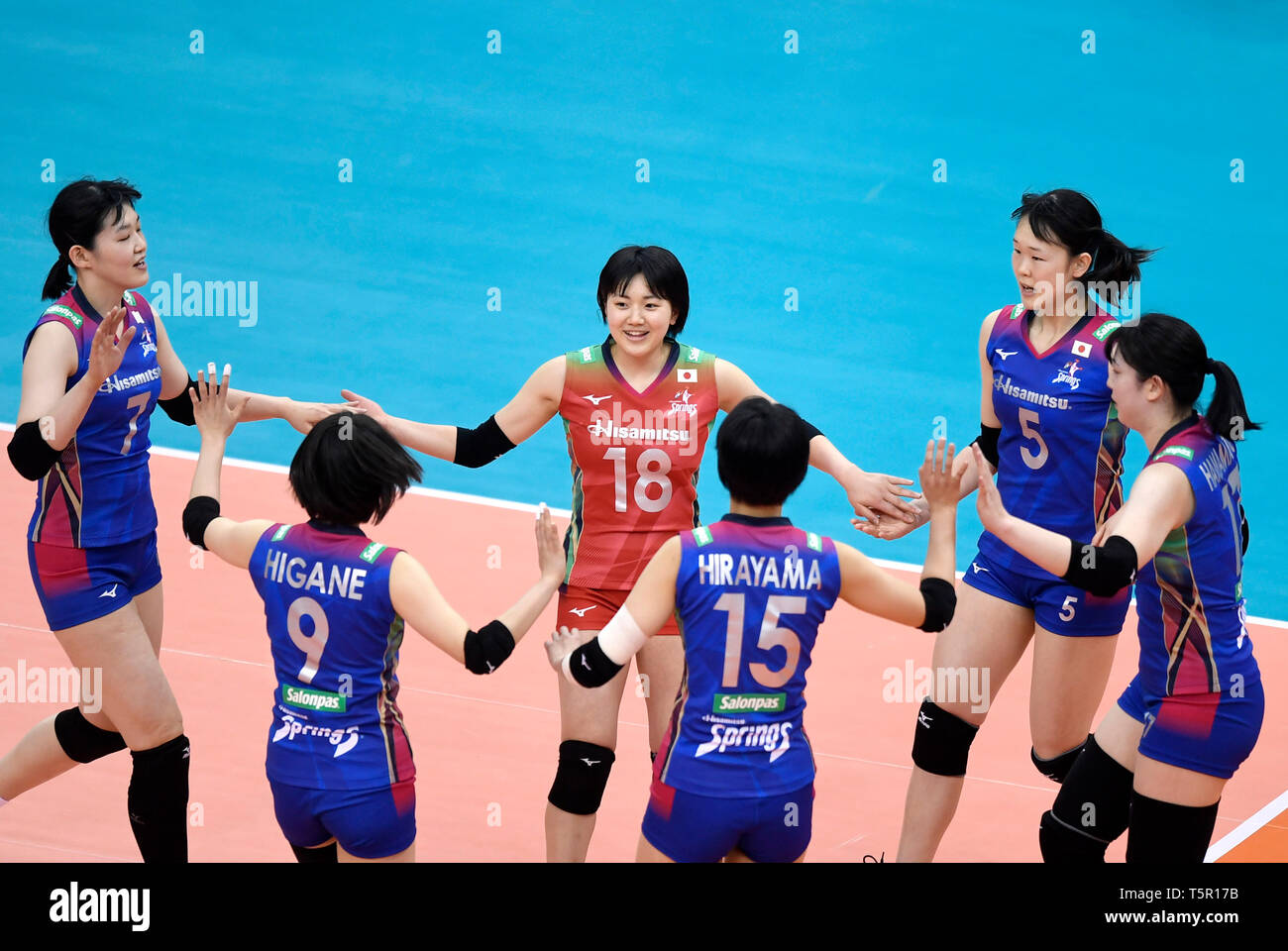 Tianjin. 27th Apr, 2019. Hisamitsu Seiyaku Springs' players celebrate ...