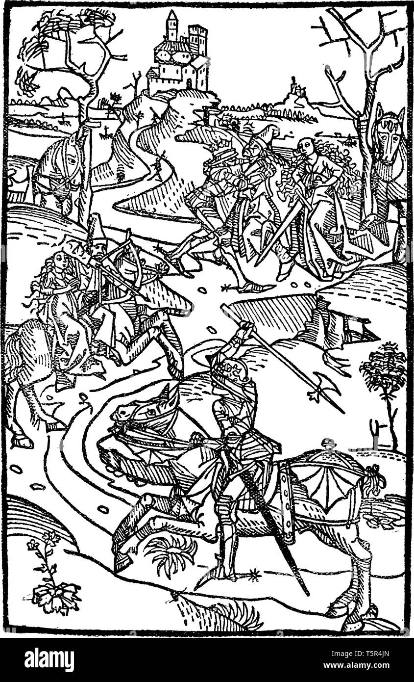 Group of knights on horses in battle, vintage line drawing or engraving ...