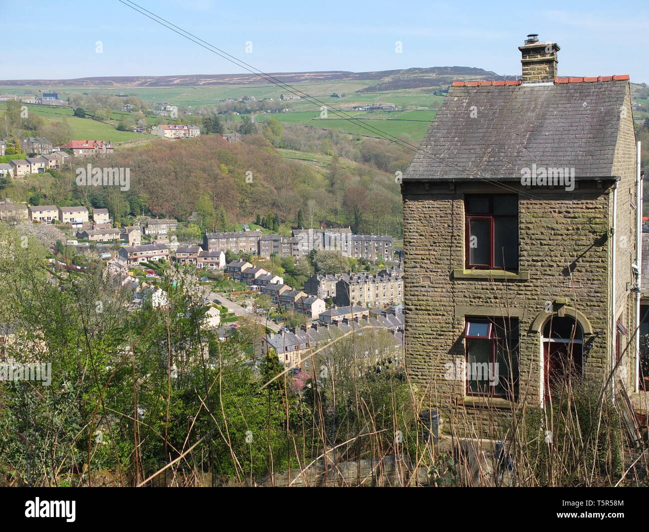 The town of Hebden Bridge, Calderdale as seen from the steep hillside ...