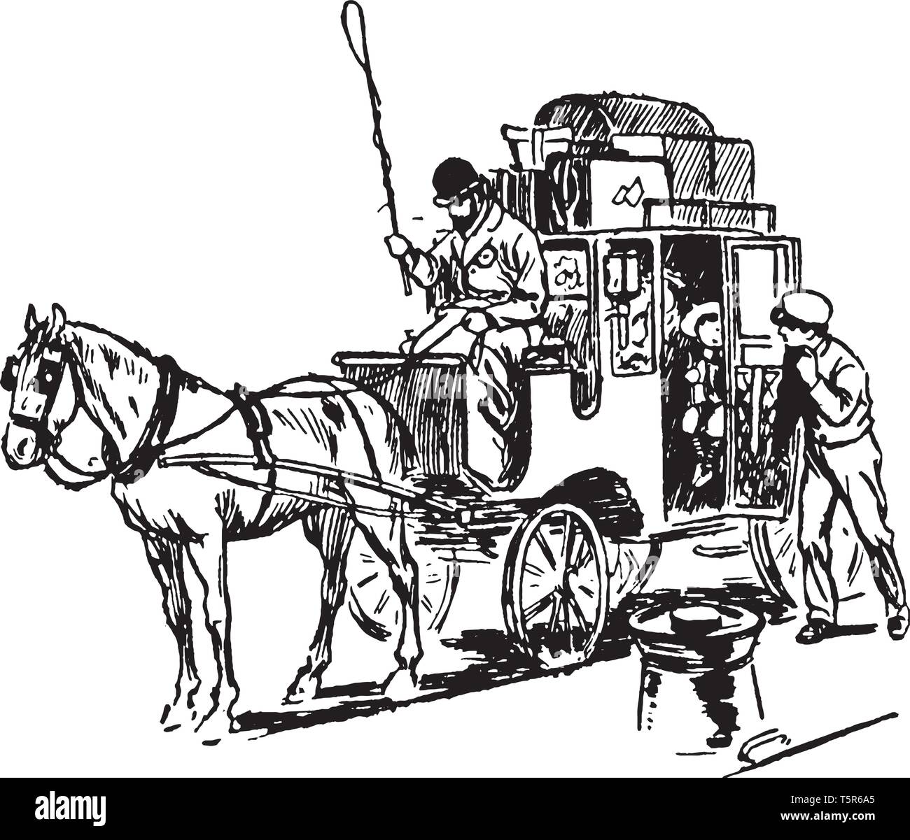 Coach in which Horse drawn coach with luggage, vintage line drawing or ...