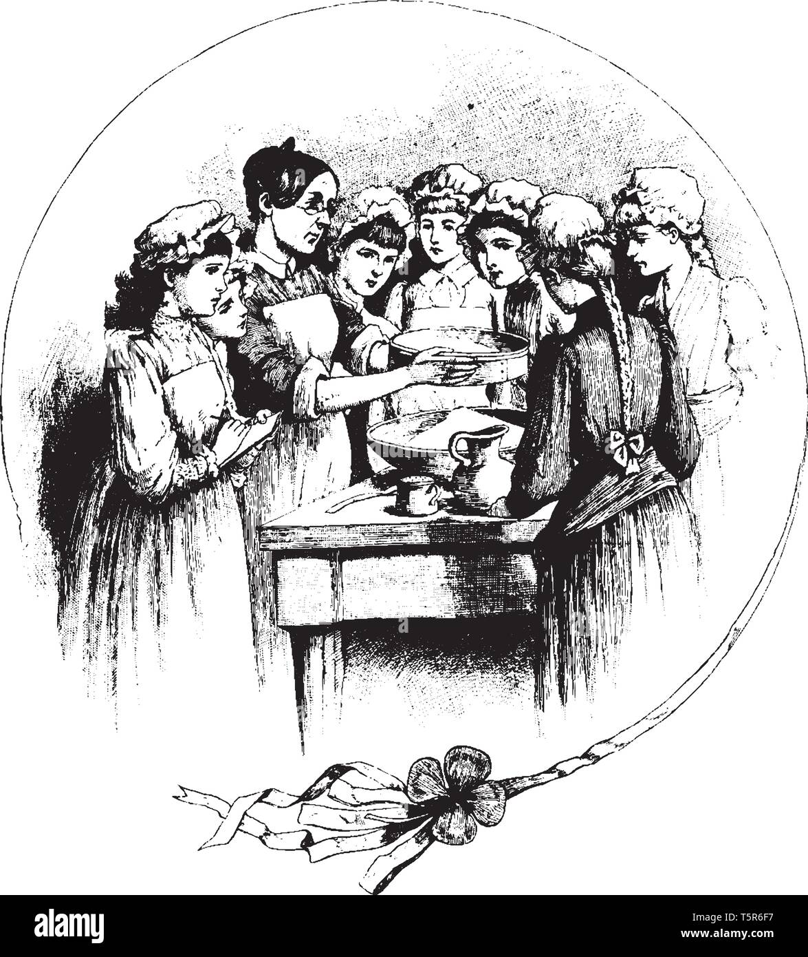 Group of women cooking together, vintage line drawing or engraving ...