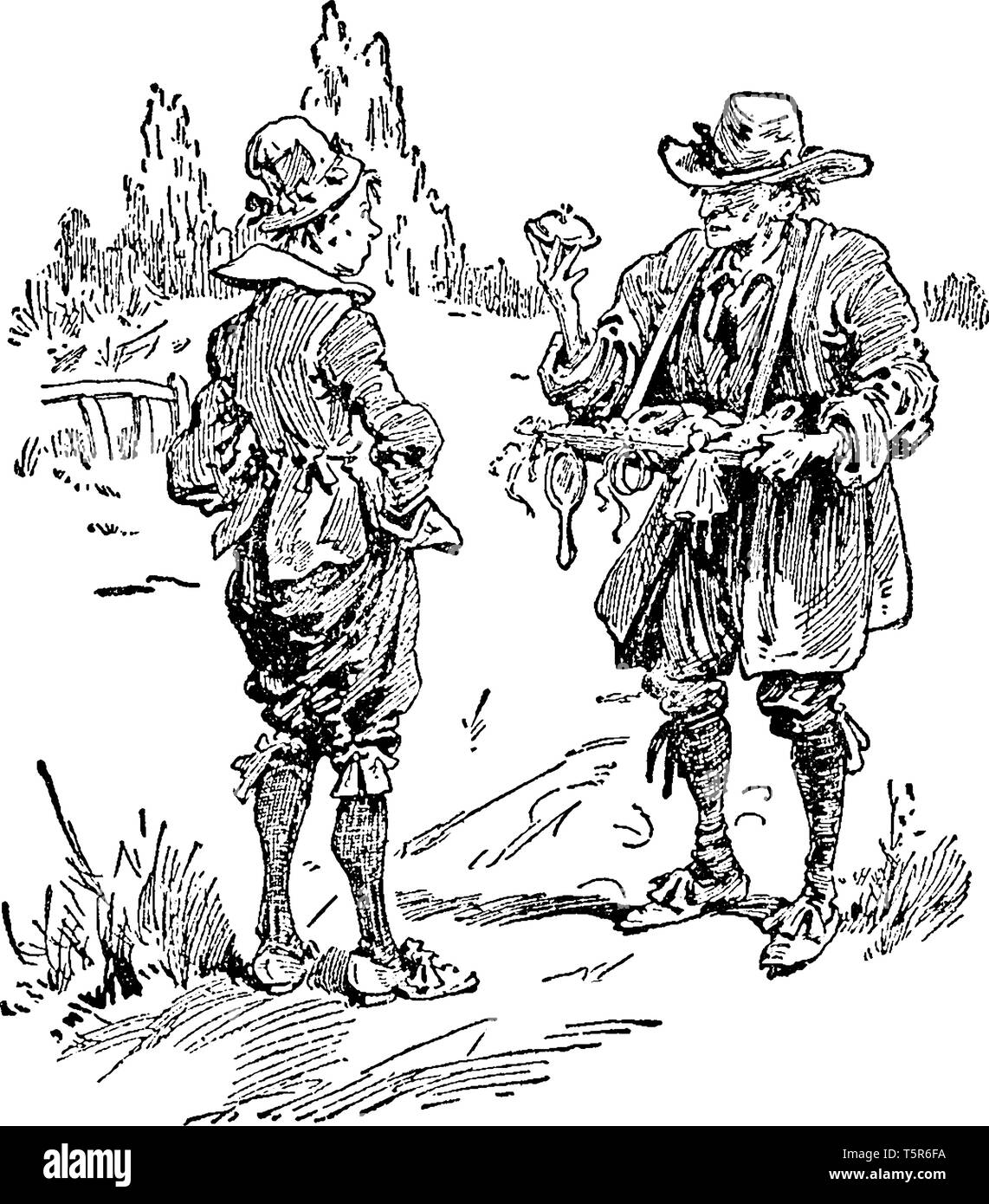 An old man selling trinkets to young man, vintage line drawing or ...