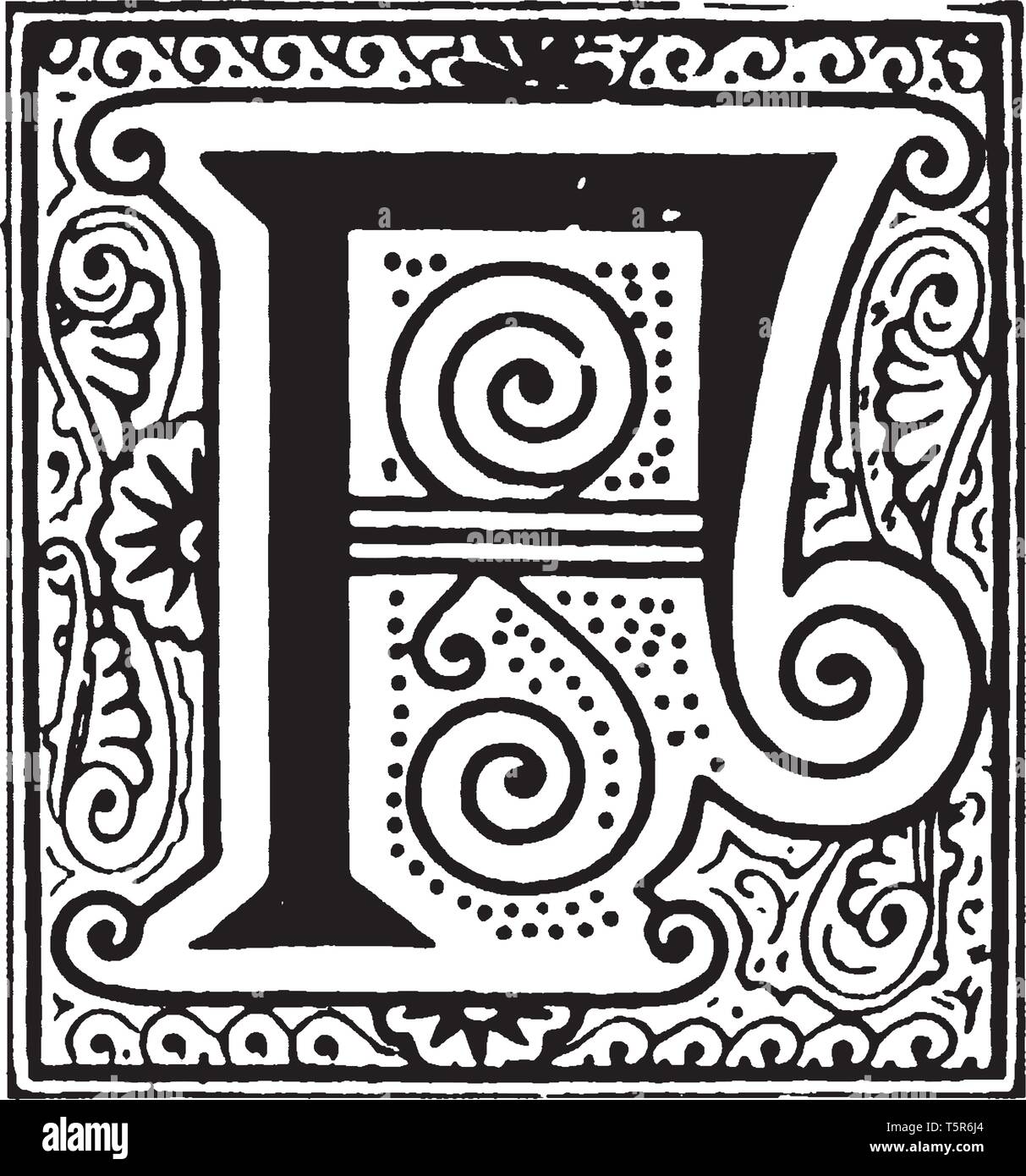 An ornamental and decorative capital letter F, vintage line drawing or ...