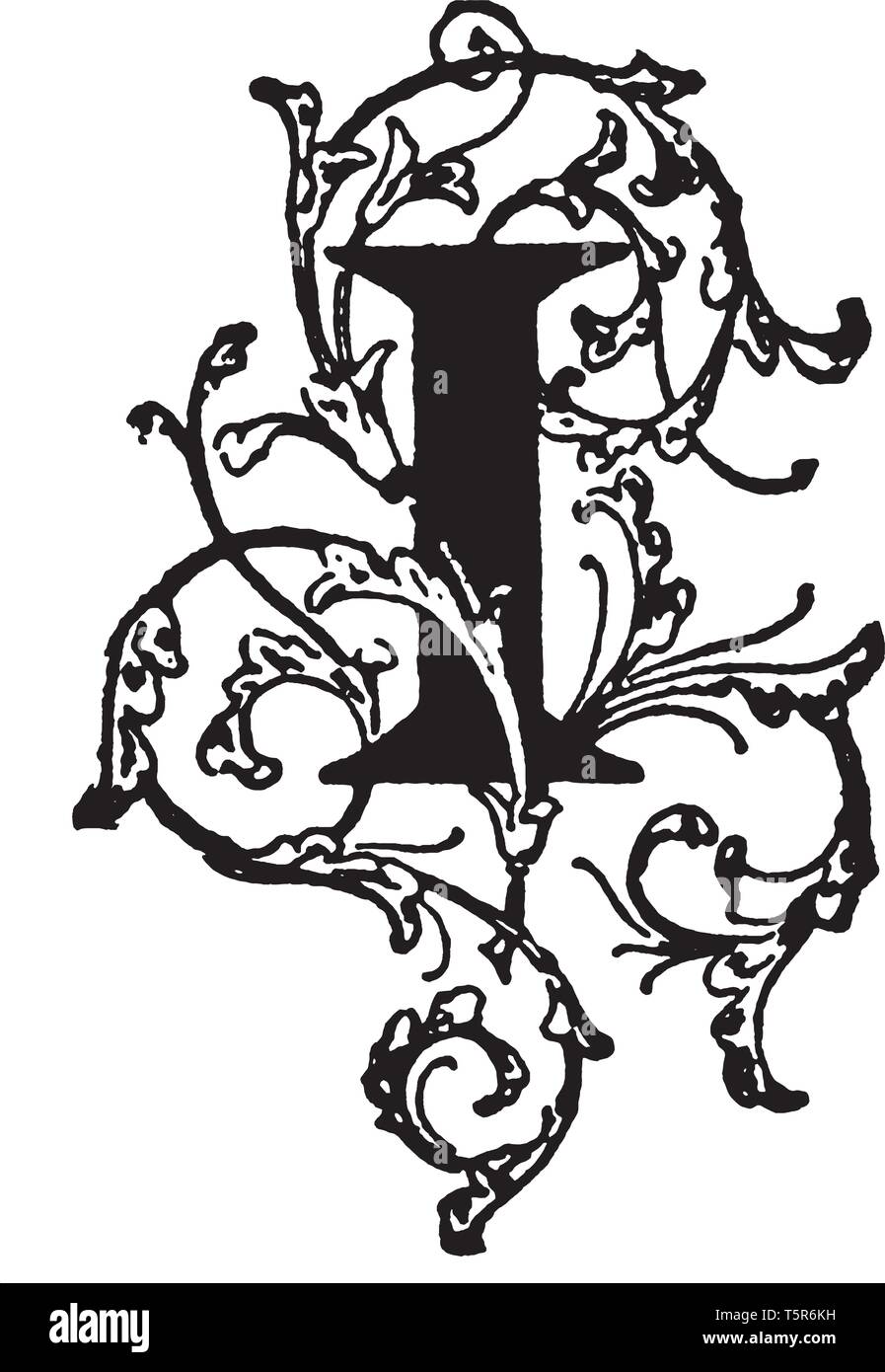 An ornamental letter I, vintage line drawing or engraving illustration ...